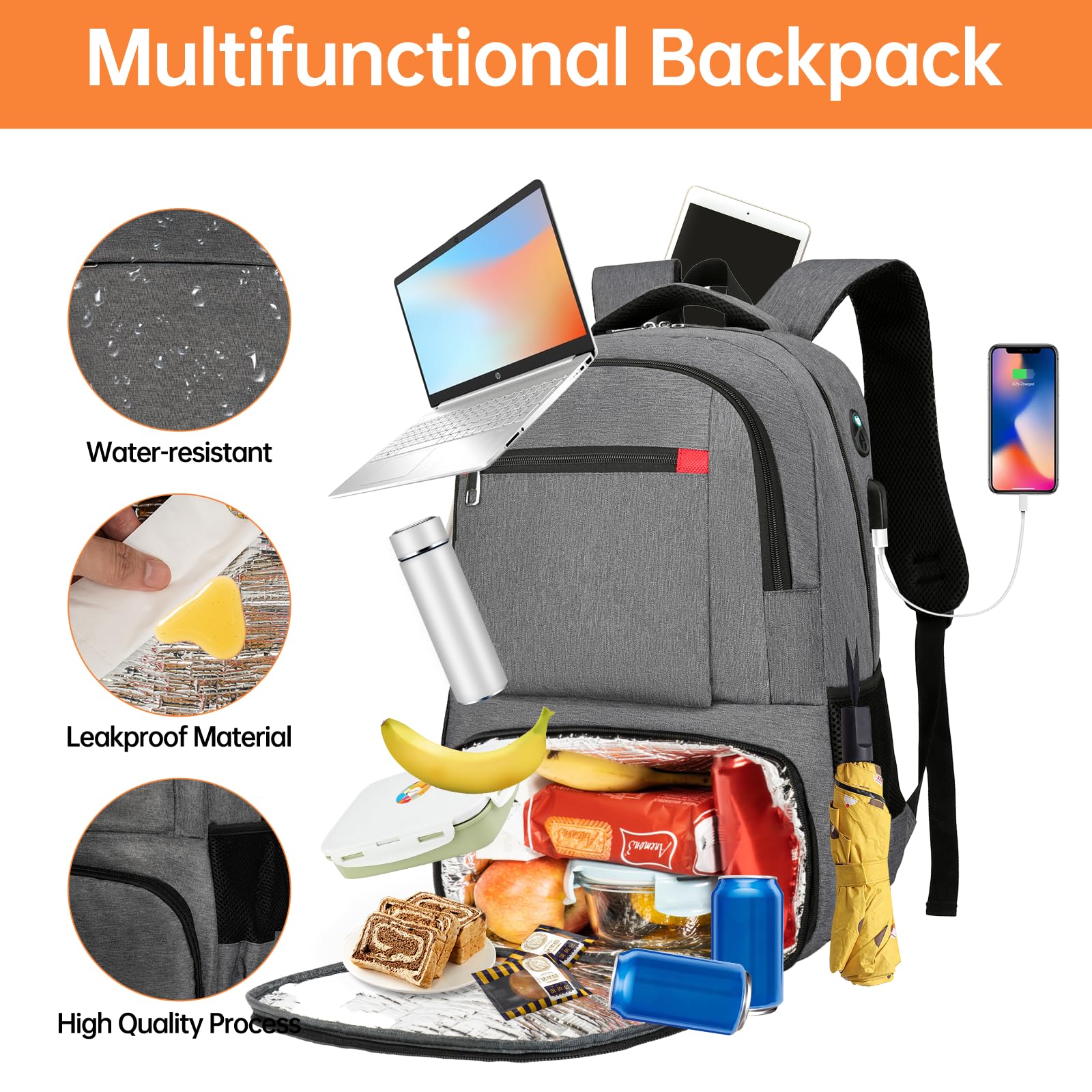 DAILY&DIARY Lunch Backpack, Insulated Cooler Backpack with Lunch Compartment for Men Women Water Resistant Lunch Bag 15.6 Inch Laptop Backpack Durable for Work, School, Camping, Picnics, Grey