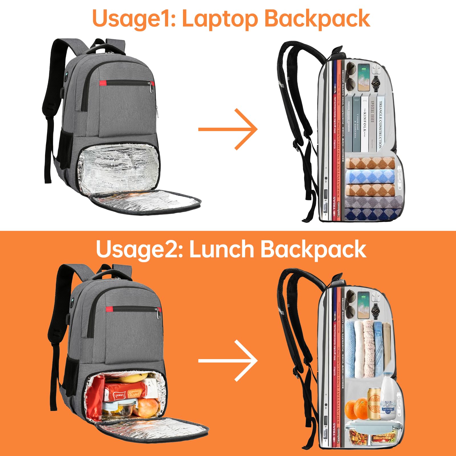 DAILY&DIARY Lunch Backpack, Insulated Cooler Backpack with Lunch Compartment for Men Women Water Resistant Lunch Bag 15.6 Inch Laptop Backpack Durable for Work, School, Camping, Picnics, Grey