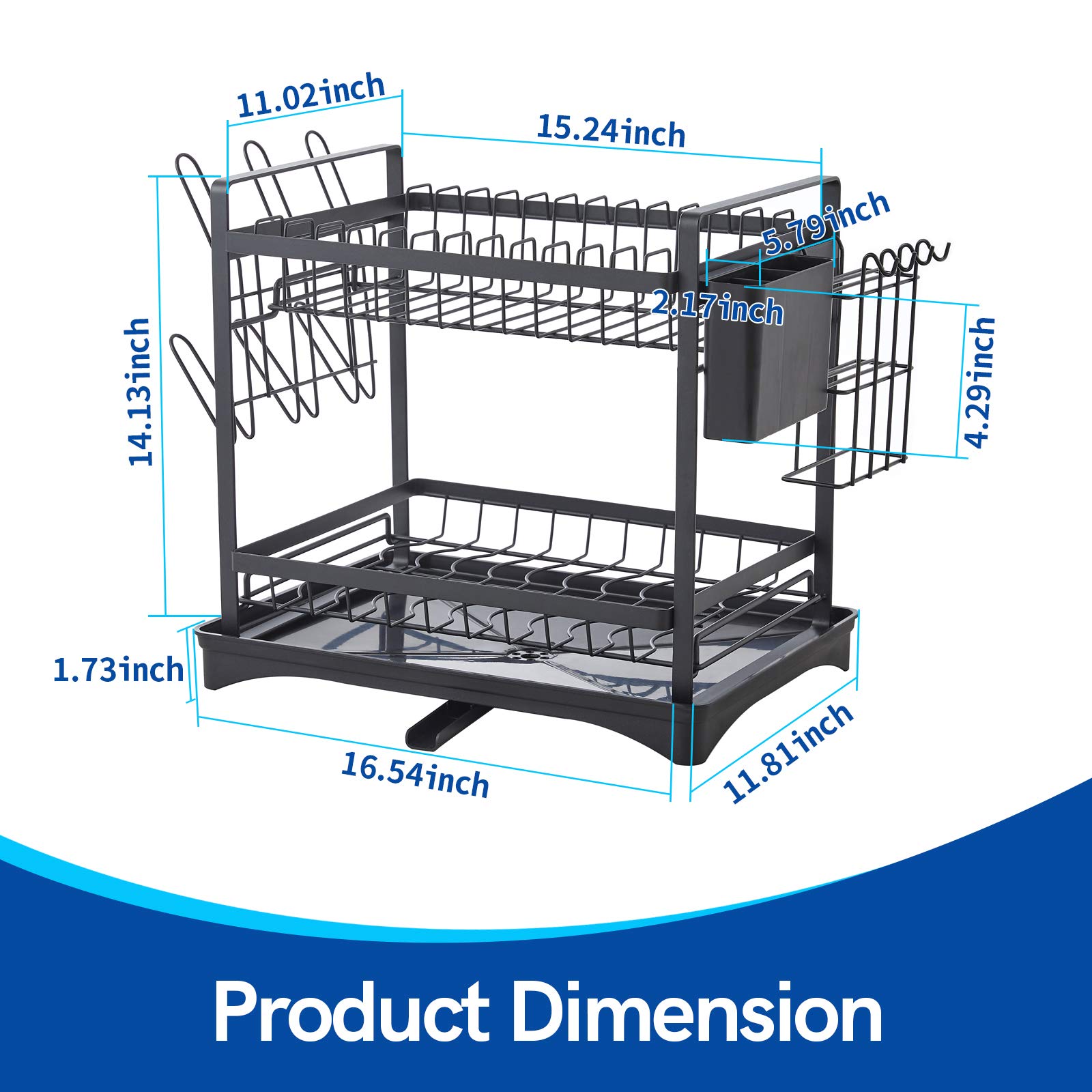 Flaovoth 2 Tier Dish Drying Rack, Dish Drainers for Kitchen Counter Dish Rack with Drying Drainboard, Adjustable Swivel Spout, Cutlery Caddy, Cup Hanging Holder, Spoon Rack and Knife Holder, Black