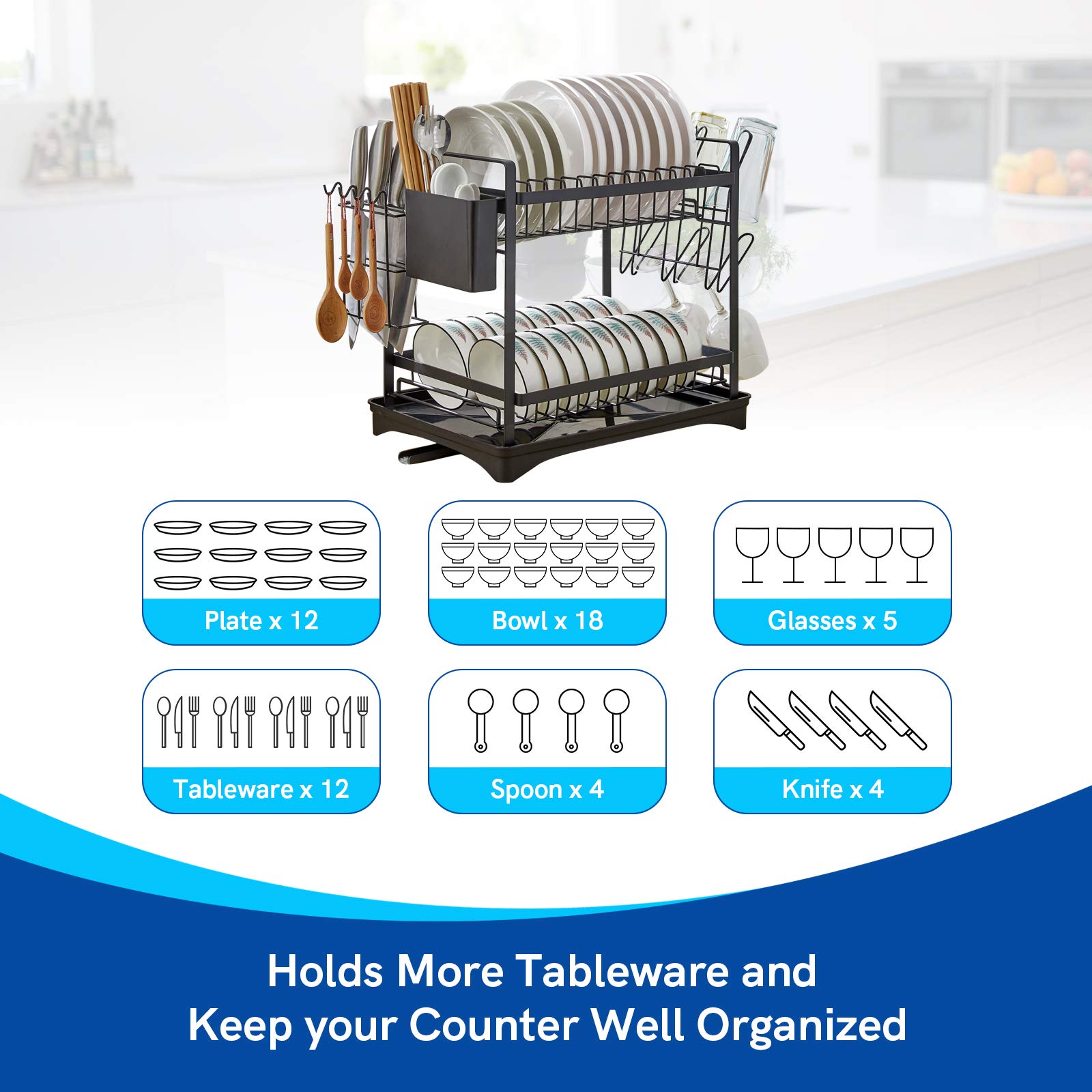 Flaovoth 2 Tier Dish Drying Rack, Dish Drainers for Kitchen Counter Dish Rack with Drying Drainboard, Adjustable Swivel Spout, Cutlery Caddy, Cup Hanging Holder, Spoon Rack and Knife Holder, Black