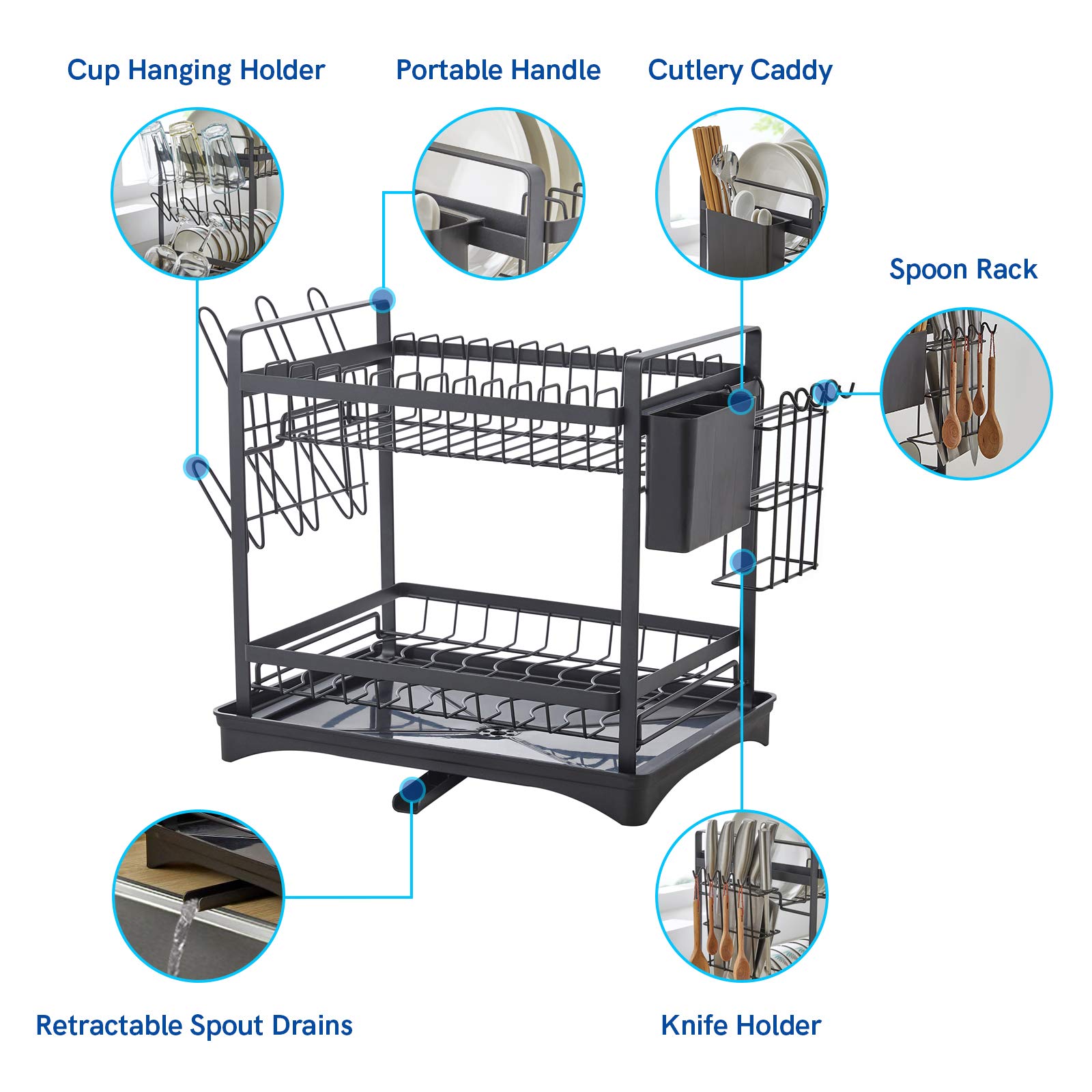 Flaovoth 2 Tier Dish Drying Rack, Dish Drainers for Kitchen Counter Dish Rack with Drying Drainboard, Adjustable Swivel Spout, Cutlery Caddy, Cup Hanging Holder, Spoon Rack and Knife Holder, Black