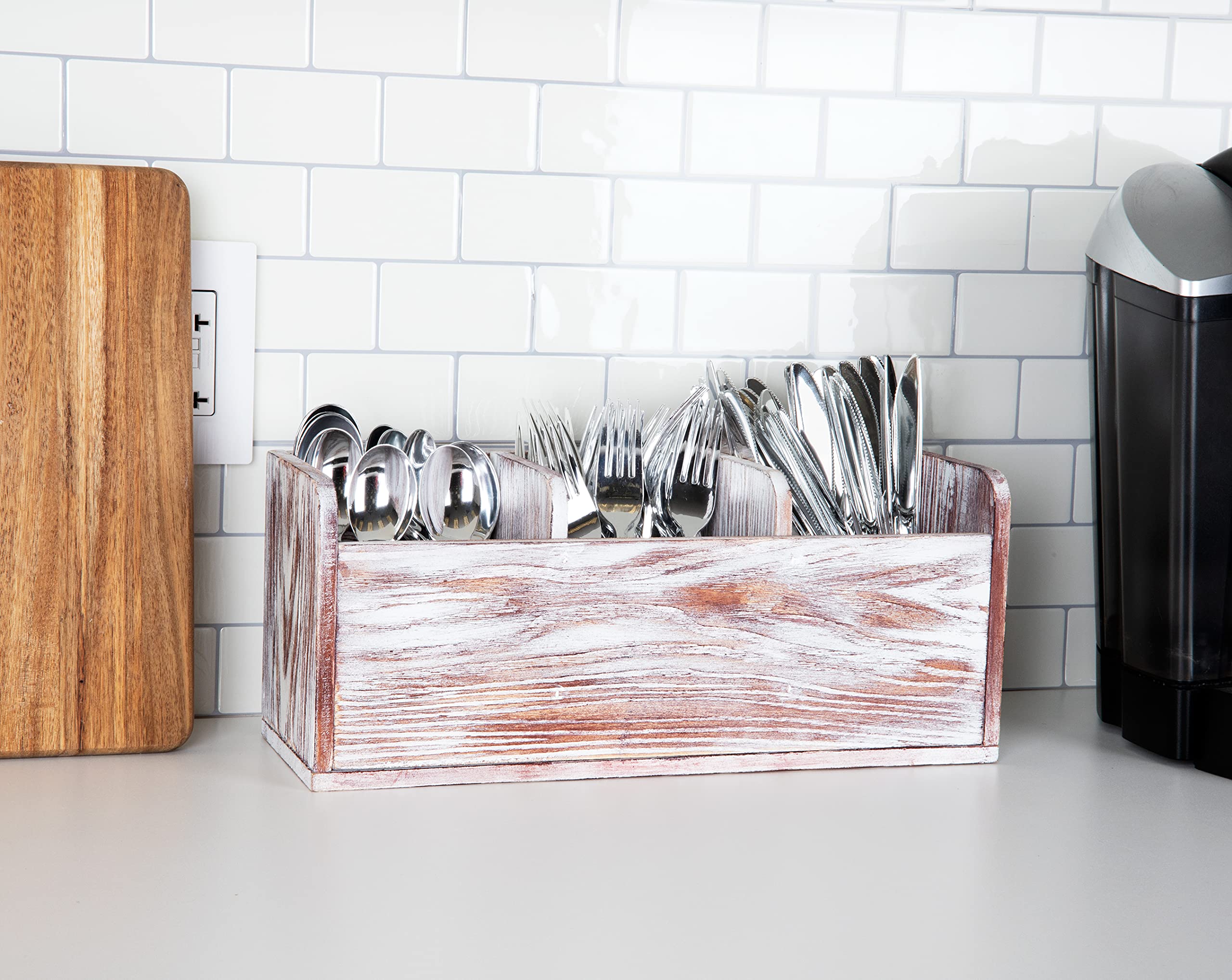 Mind Reader Vertical Flatware Holder, Painted Wood, Brown Utensil Organizer, One Size