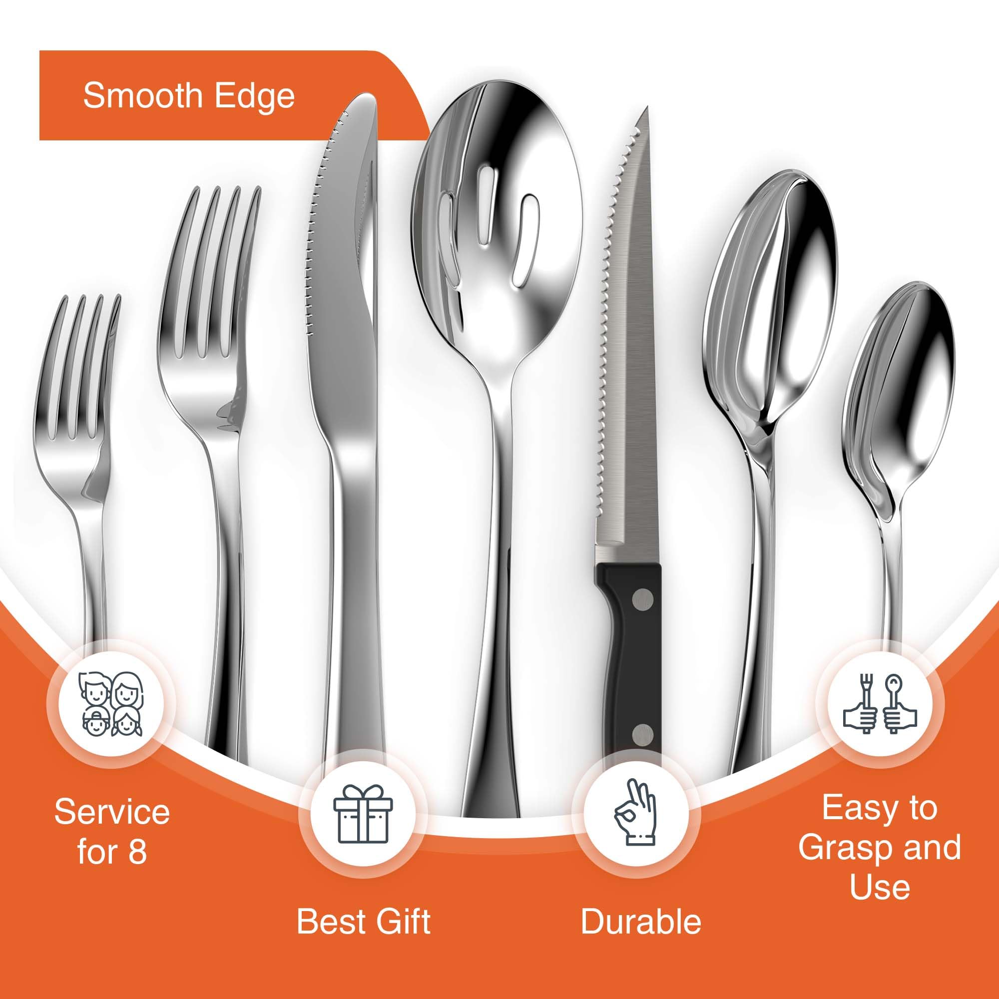 Tribal Cooking 48 Piece Silverware Set - Service for 8 - Stainless Steel Flatware serving set - Cutlery Set - Knives, Fork, and Spoon - Utensil sets - Dishwasher Safe - Stunning Polished Finish