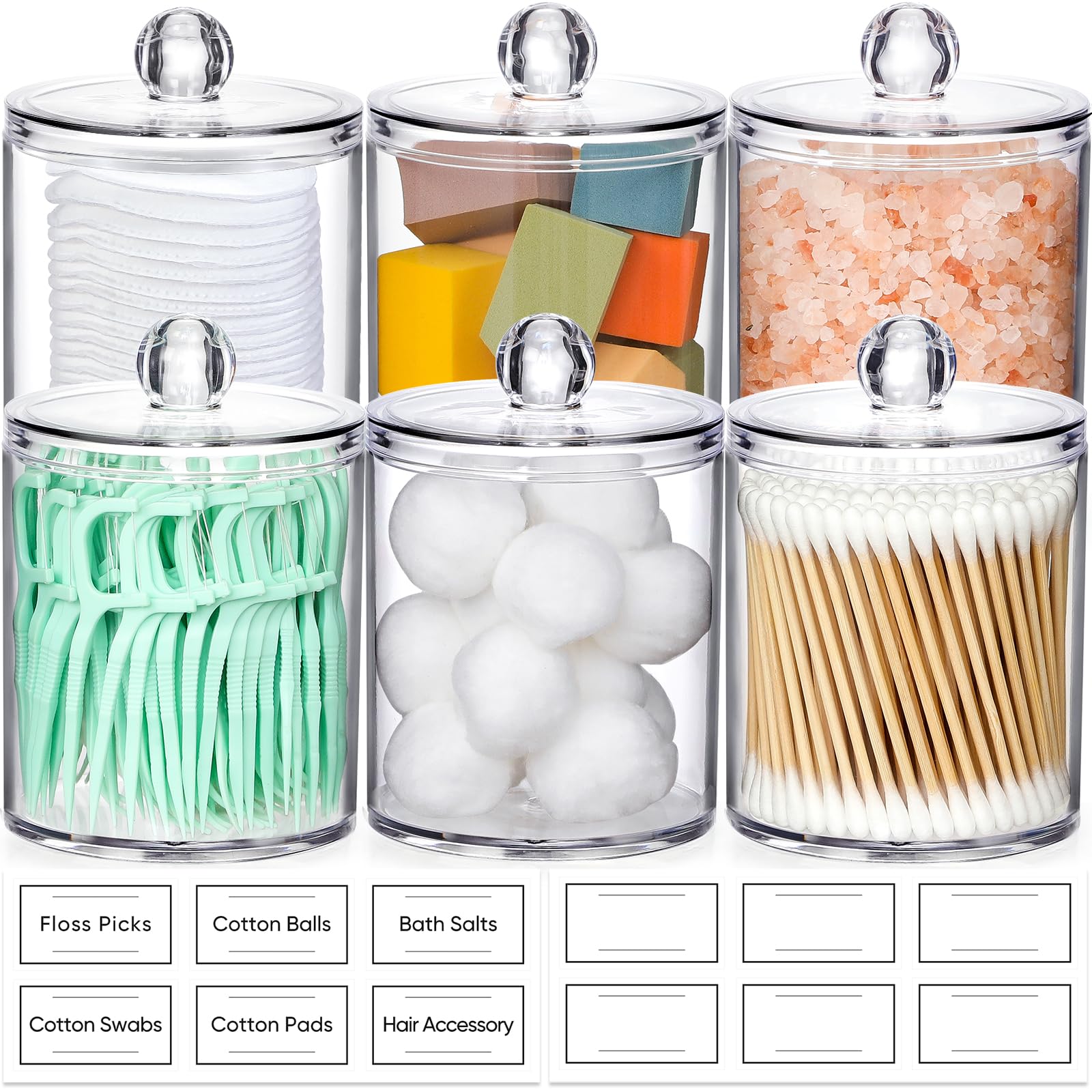 AOZITA 6 Pack Qtip Holder Dispenser for Cotton Ball, Cotton Swab, Cotton Round Pads, Floss - 10 oz Clear Plastic Apothecary Jar Set for Bathroom Canister Storage Organization, Vanity Makeup Organizer