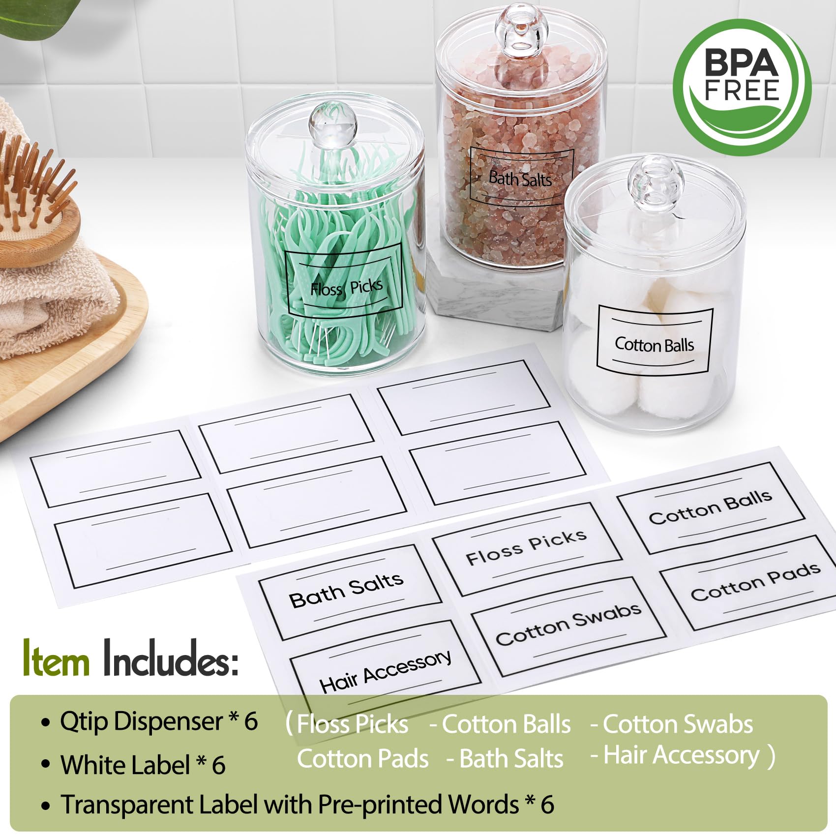 AOZITA 6 Pack Qtip Holder Dispenser for Cotton Ball, Cotton Swab, Cotton Round Pads, Floss - 10 oz Clear Plastic Apothecary Jar Set for Bathroom Canister Storage Organization, Vanity Makeup Organizer