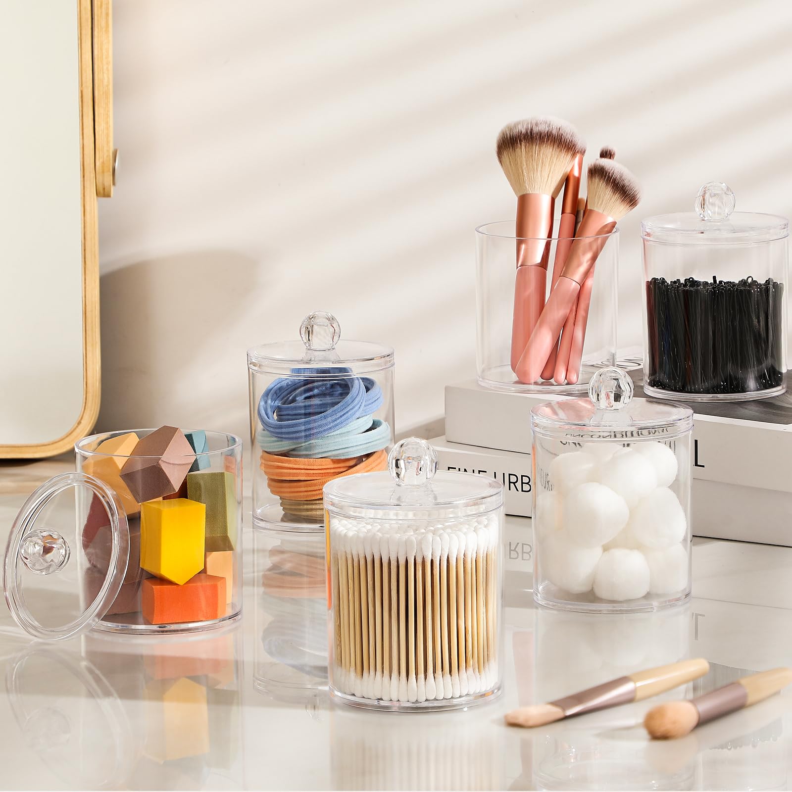 AOZITA 6 Pack Qtip Holder Dispenser for Cotton Ball, Cotton Swab, Cotton Round Pads, Floss - 10 oz Clear Plastic Apothecary Jar Set for Bathroom Canister Storage Organization, Vanity Makeup Organizer