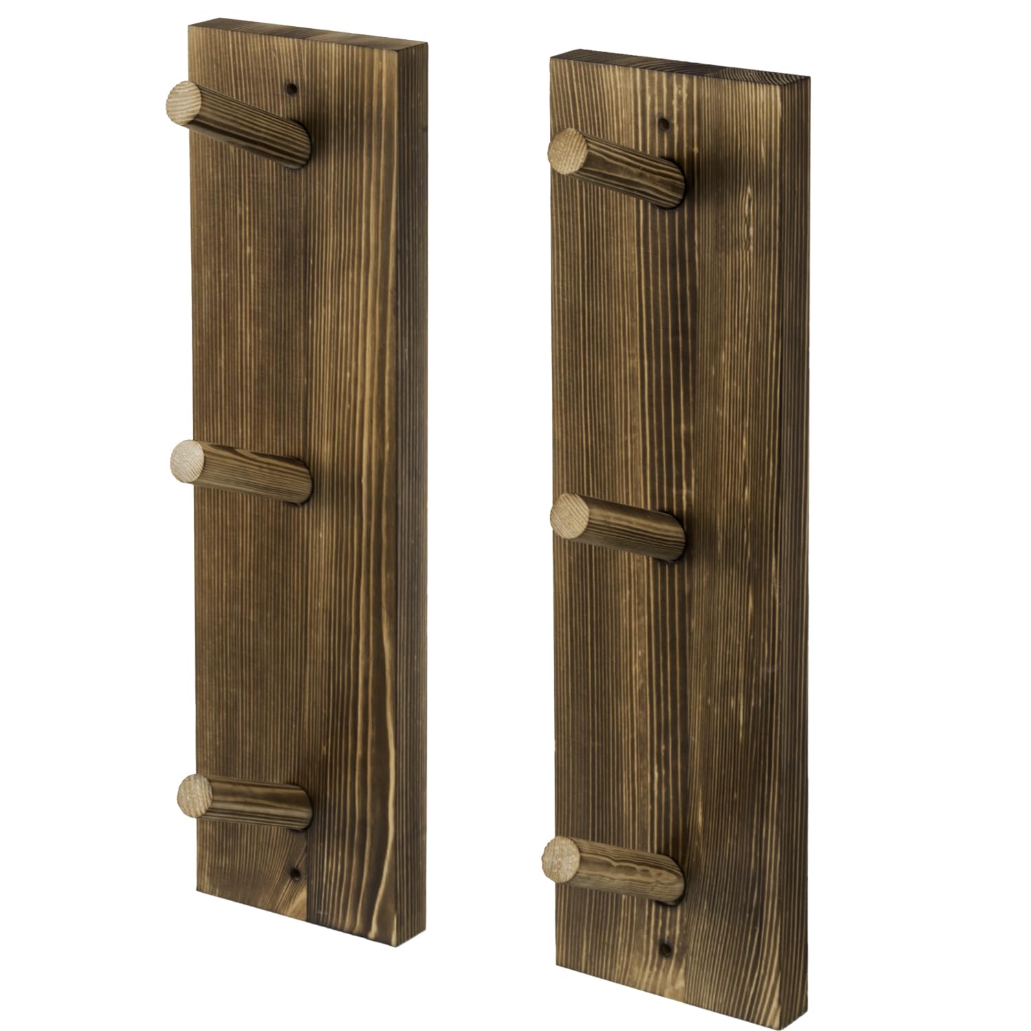 MyGift Wall Mounted Wooden Mug Rack - 3 Hook Rustic Burnt Wood Teacup Mug Storage Organizer, Set of 2