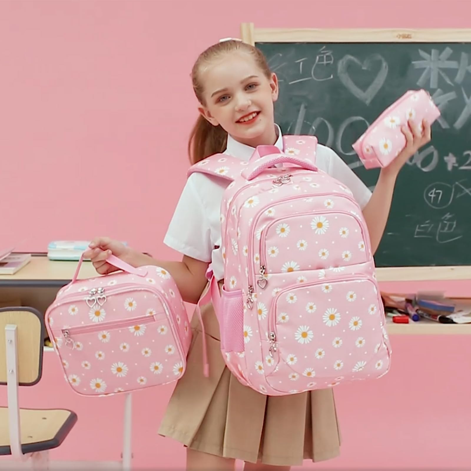 goldwheat Daisy Printed Backpacks With Lunch Pack Pencil Case 3pcs, Water Resistant Lightweight Bookbag For Middle School (Pink)