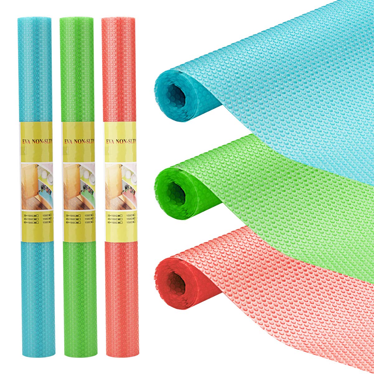 Cabinet Shelf Drawer Liner, 3 Rolls Refrigerator Pad EVA Mat Non-Adhesive Water-proof Non-Slip for Drawers, Shelves, Cabinets, Storage, Kitchen, Fridge - Washable, Durable, Strong (17.7"×59"×3)
