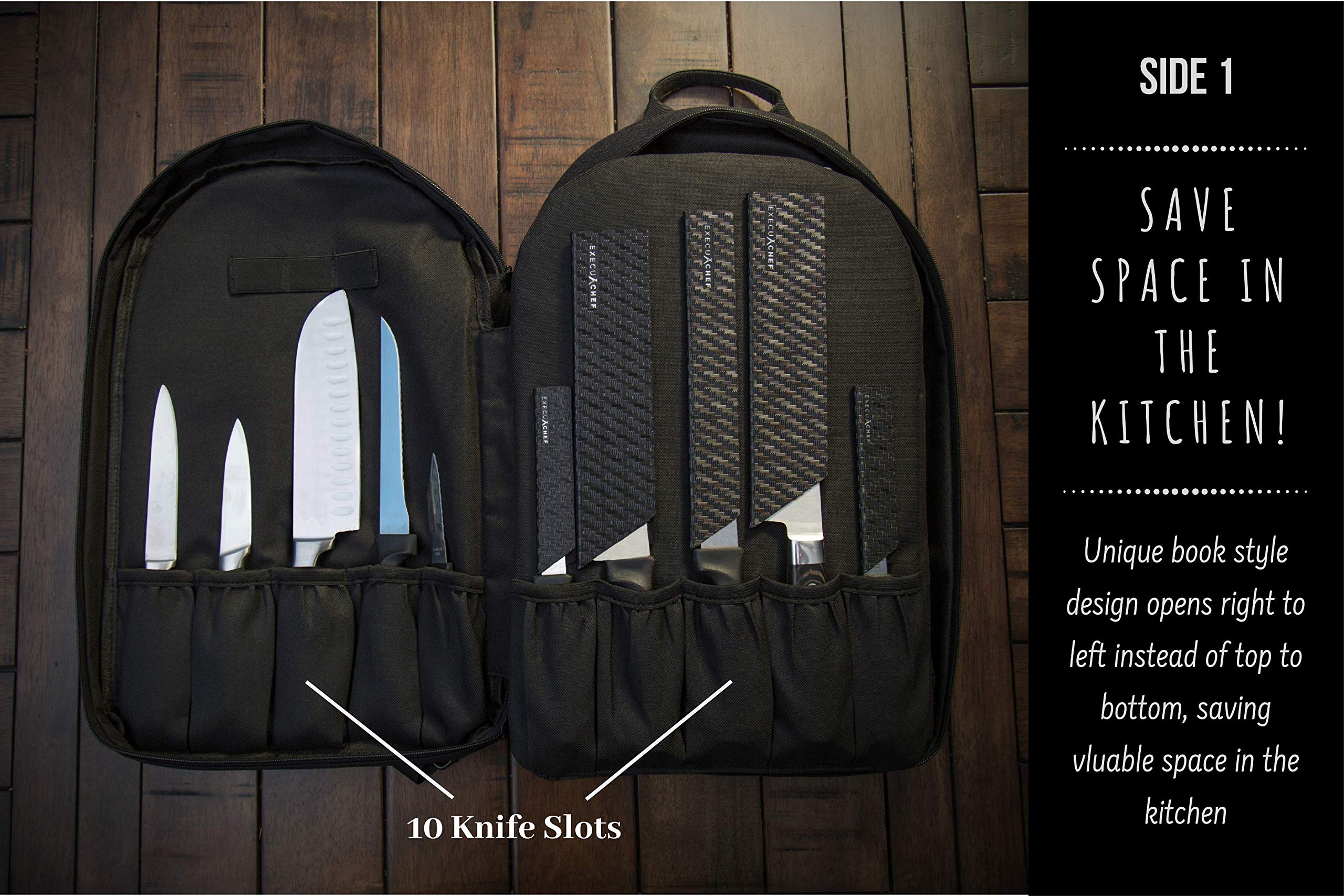 ExecuChef Knife Bag with 29 Pockets for Knives and Kitchen Utensils | Business Card Holder and Lock | Water Resistant and Durable Ballistic Nylon Backpack for Professional Chefs and Culinary Students