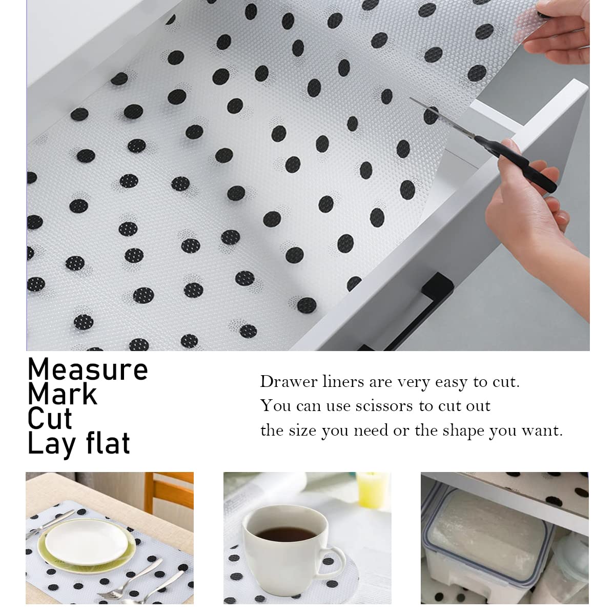 3 Rolls Shelf Liner for Cabinets and Drawer, Non Slip Refrigerator Liners, Non-Adhesive Waterproof Oil-Proof Eva Placemats, Can Be Cut Storage Shelf Mats for Desk, Dresser and Cupboard (Polka DotsĀ )