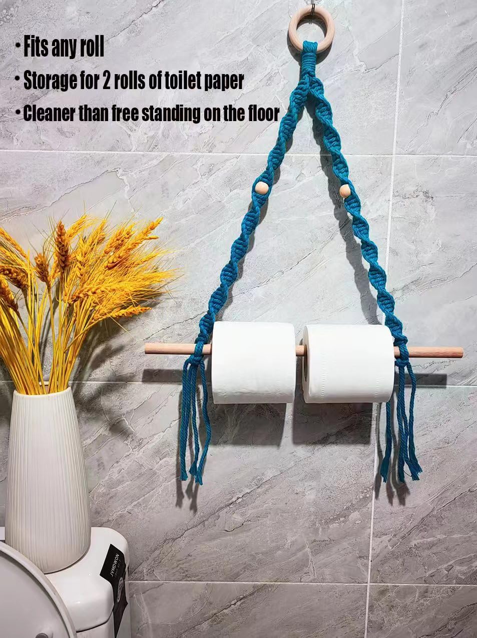 Blue Macrame Paper Towel Holder Wall Mount for Kitchen and Bathroom Decor ,Boho Paper Towel Hanger ,Toilet Paper Towel Hanging