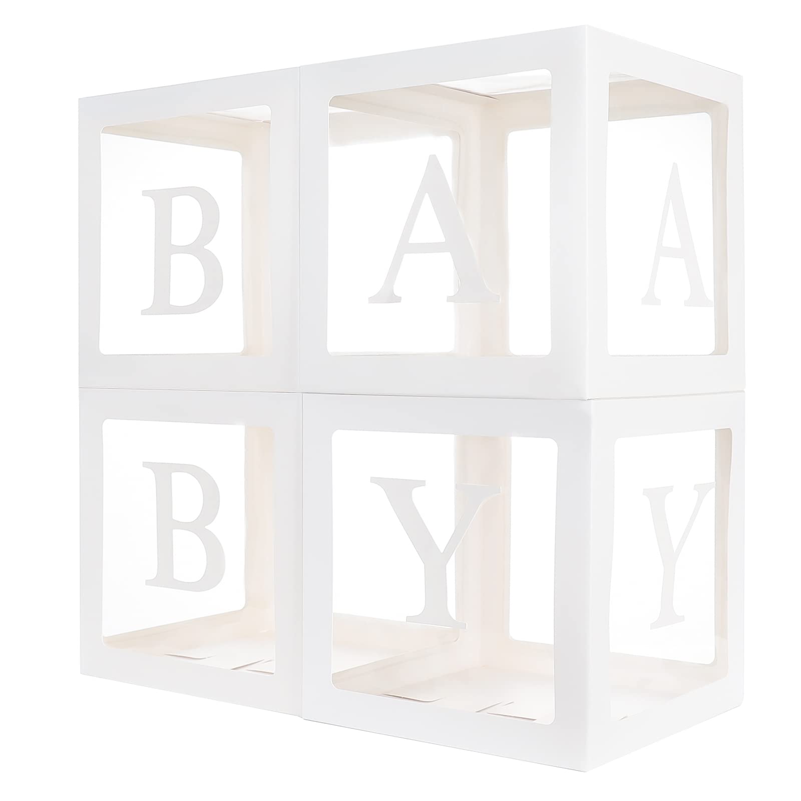 Keencopper Baby Boxes with 12 Letters for Baby Shower, Baby Shower Decorations for Boy Or Girl, 4 Pcs Transparent Balloon Boxes Clear Blocks for 1st Birthday, Gender Reveal Party Supplies Background
