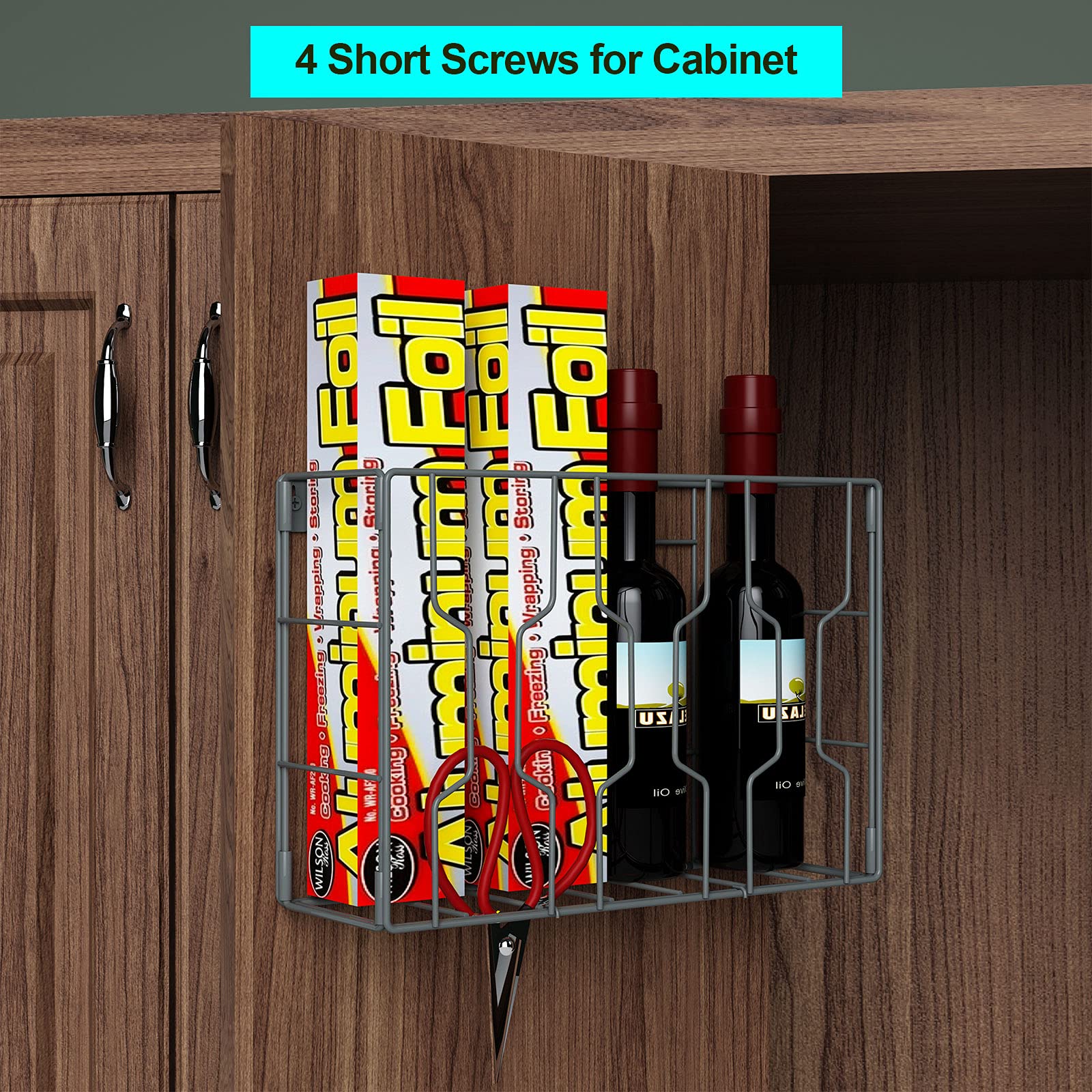 Over the Door/Wall Mount Cabinet Door Organizer Holder in Kitchen or Pantry, Cabinet door rack storage for Cutting Board, Bakeware, Cleaning Supplies, Aluminum Foil, Plastic Wrap (Silver)