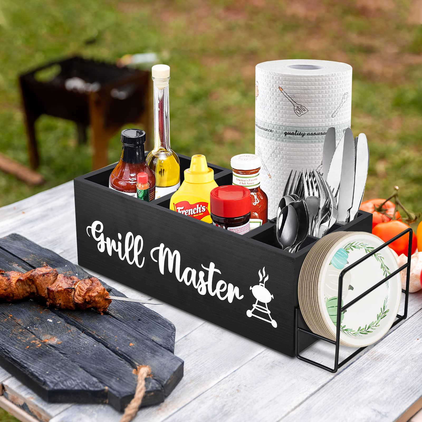 Grill Utensil Caddy, Picnic Condiment Caddy, BBQ and Grill Caddy with Paper Towel Holder & Paper Plate Holder. Grilling Caddy with Wood Handle & 2 Hooks, Multi-use Storage Organizer for Outdoor Grill