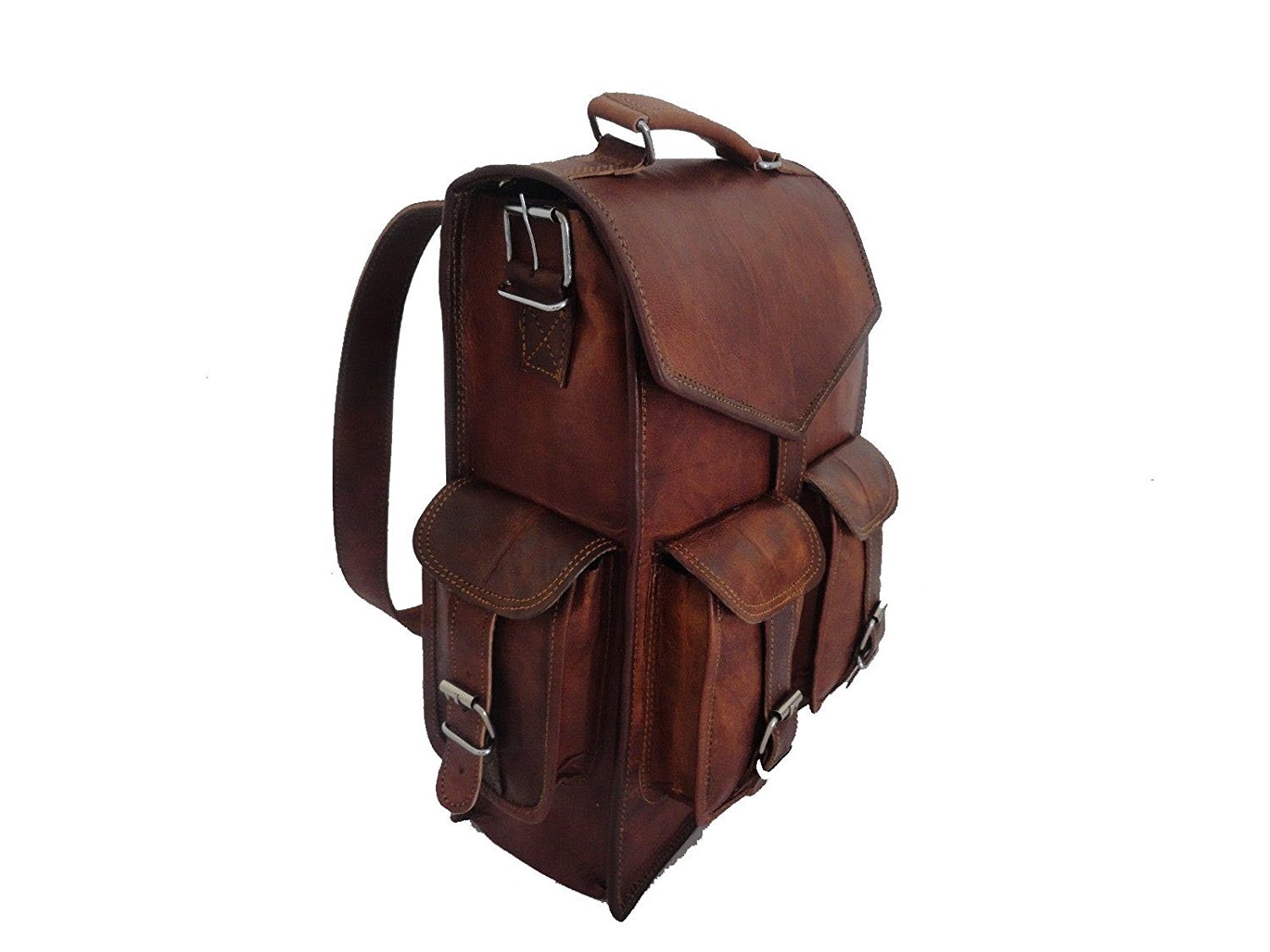 DHK 15" Brown Vintage Leather Backpack Laptop Messenger Bag Rucksack Sling for Men Women