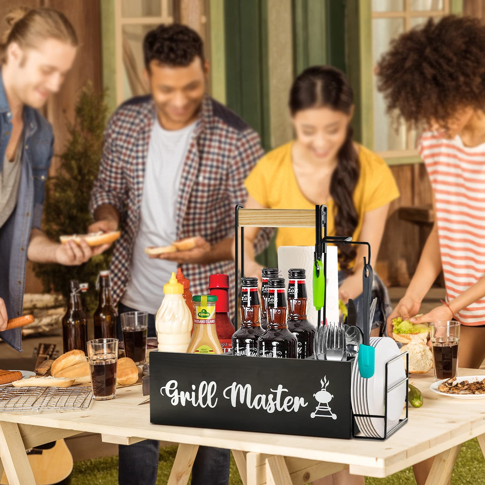 Grill Utensil Caddy, Picnic Condiment Caddy, BBQ and Grill Caddy with Paper Towel Holder & Paper Plate Holder. Grilling Caddy with Wood Handle & 2 Hooks, Multi-use Storage Organizer for Outdoor Grill