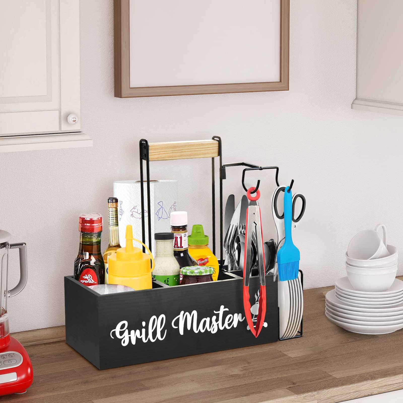 Grill Utensil Caddy, Picnic Condiment Caddy, BBQ and Grill Caddy with Paper Towel Holder & Paper Plate Holder. Grilling Caddy with Wood Handle & 2 Hooks, Multi-use Storage Organizer for Outdoor Grill