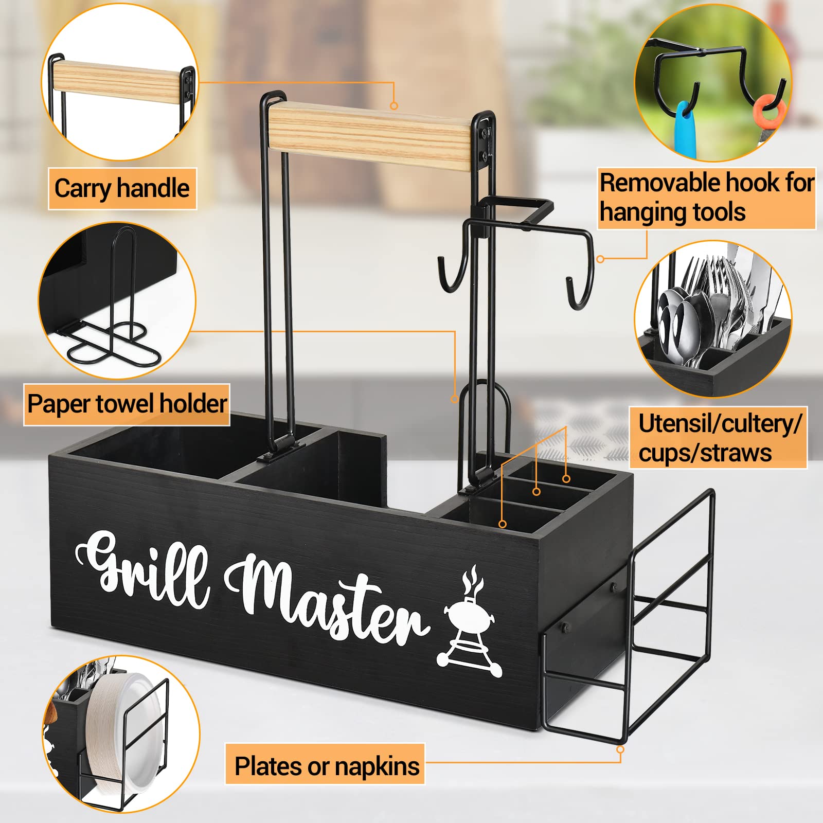 Grill Utensil Caddy, Picnic Condiment Caddy, BBQ and Grill Caddy with Paper Towel Holder & Paper Plate Holder. Grilling Caddy with Wood Handle & 2 Hooks, Multi-use Storage Organizer for Outdoor Grill