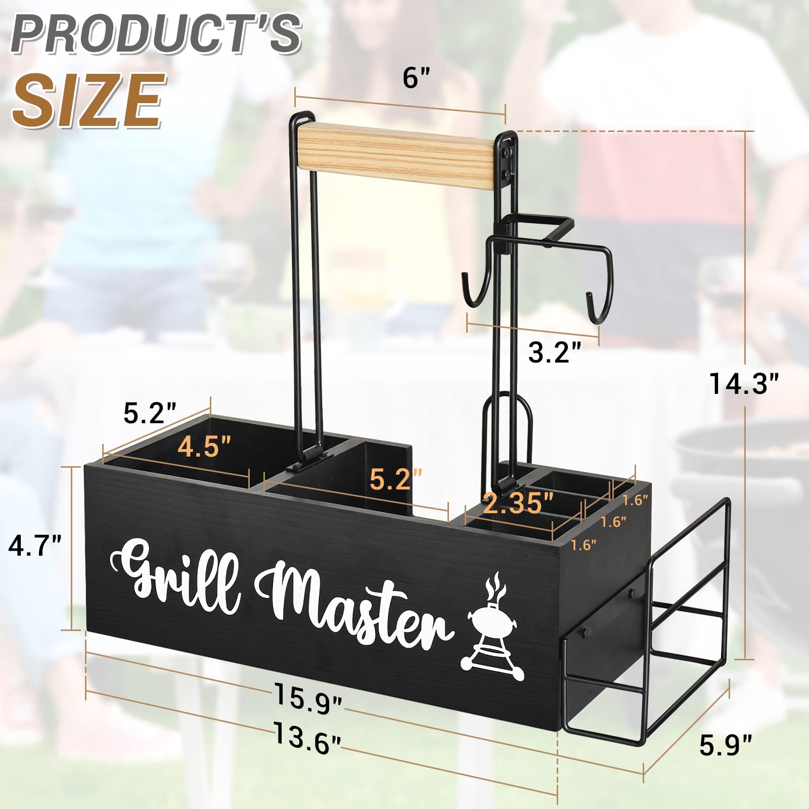 Grill Utensil Caddy, Picnic Condiment Caddy, BBQ and Grill Caddy with Paper Towel Holder & Paper Plate Holder. Grilling Caddy with Wood Handle & 2 Hooks, Multi-use Storage Organizer for Outdoor Grill