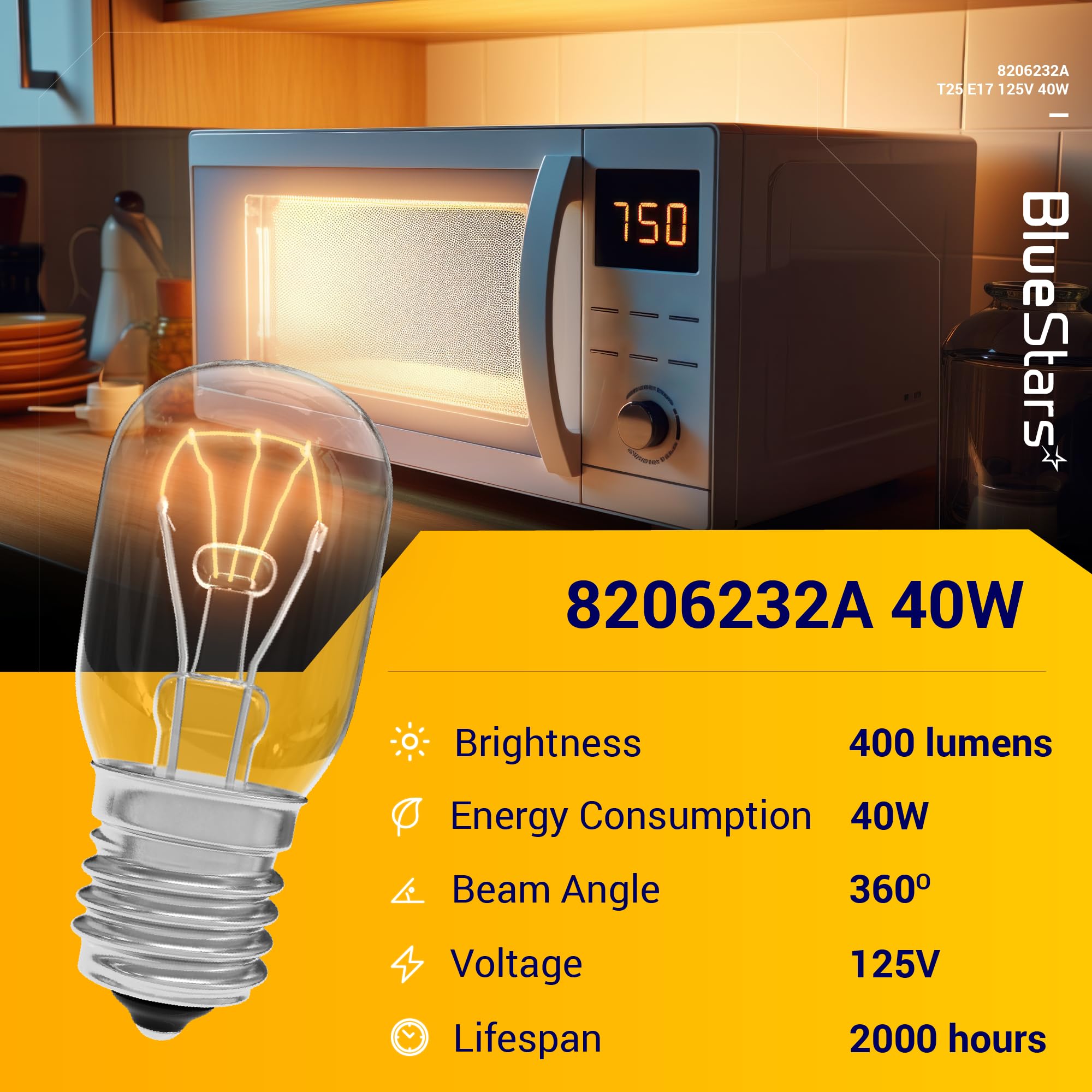 BlueStars 8206232A Whirlpool Microwave Light Bulb Kei 125V 40W Microwave Bulb E17 Fits Whirlpool Maytag Lava Lamps Salt Lamp Bulbs - Replaces 1890433 8206232 AP4512653 (3 Packs)