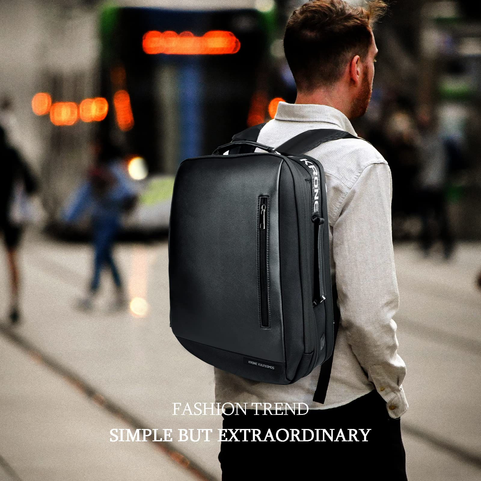Krone Kalpasmos Anti-Theft Bussiness Backpack for Men & Women, Large Capacity Leather Waterproof Backpack with Grey Organizer, Black