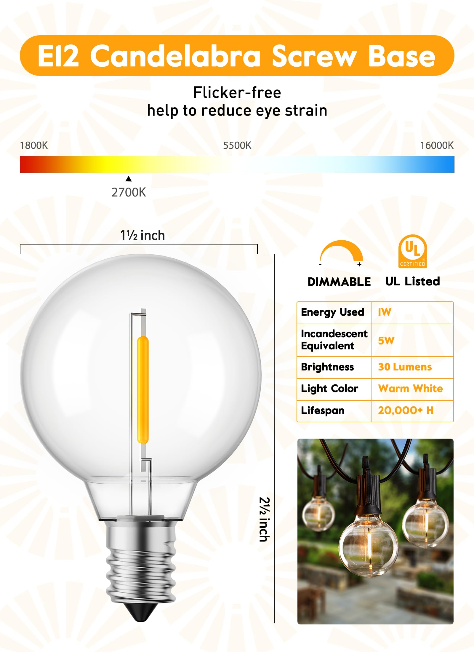Outdoor String Lights 25 Feet G40 Globe Patio Lights with 27 Edison Glass Bulbs(2 Spare), Waterproof Connectable Hanging Light for Backyard Porch Balcony Party Decor, E12 Socket Base,Black