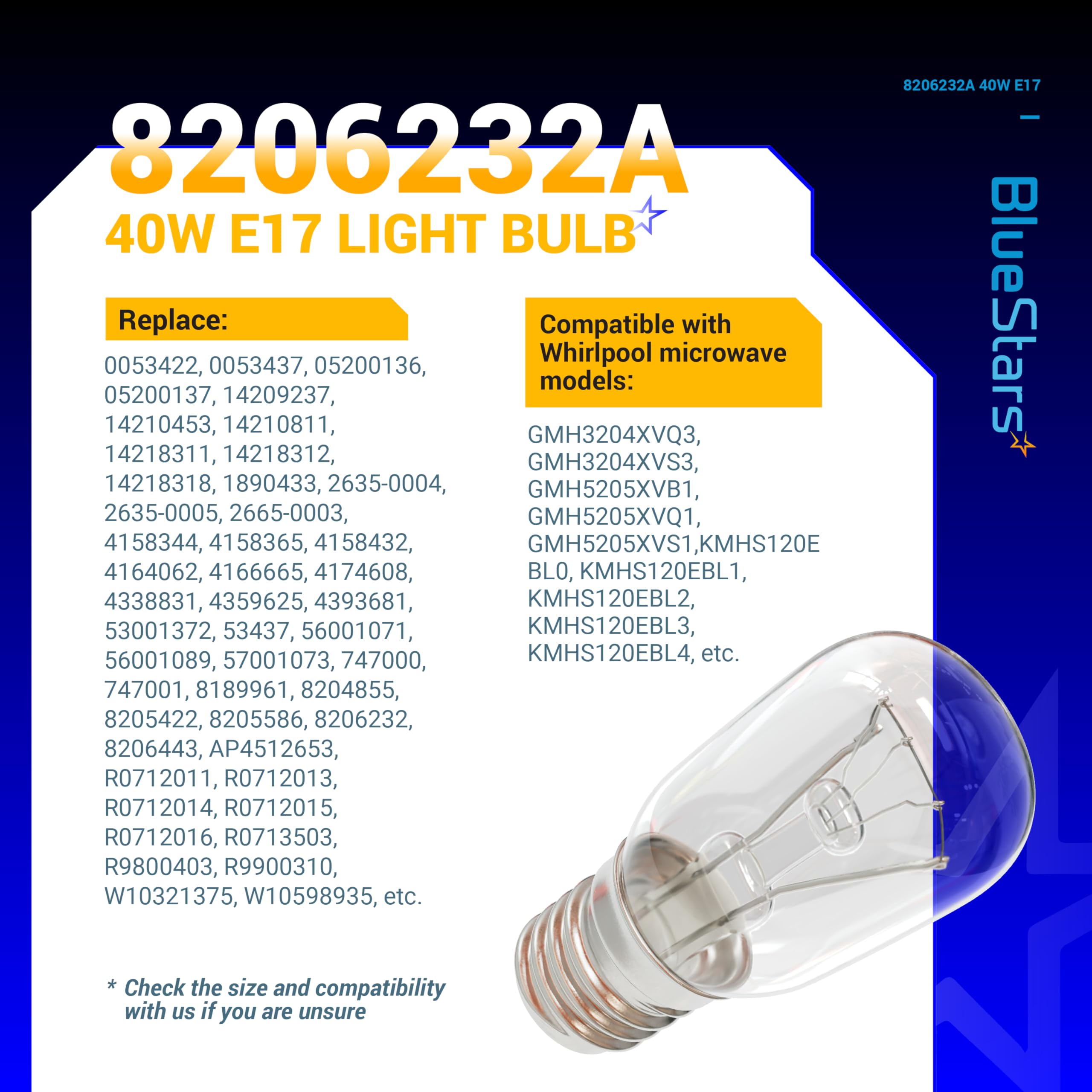 BlueStars 8206232A Whirlpool Microwave Light Bulb Kei 125V 40W Microwave Bulb E17 Fits Whirlpool Maytag Lava Lamps Salt Lamp Bulbs - Replaces 1890433 8206232 AP4512653 (3 Packs)