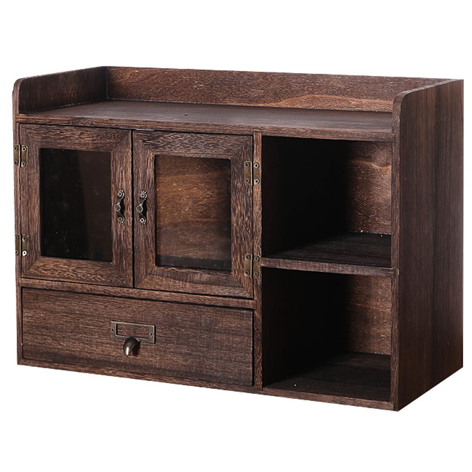 Wooden Box Kitchen Drawer Organizer for Coffee Station or Kitchen Counter - Console Table Caddy w Glass Door Cabinet & Drawer - Wood Countertop Organization and Storage for Tea & Coffee Accessories - Coffee Pod Holder - Utensil Holder