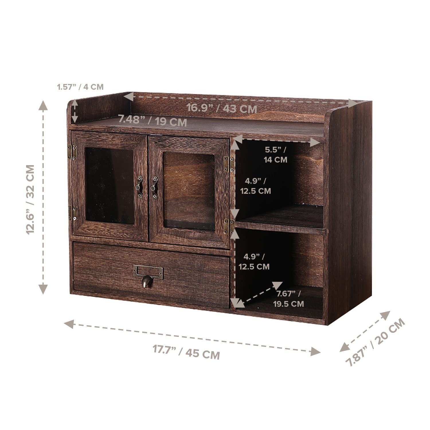 Wooden Box Kitchen Drawer Organizer for Coffee Station or Kitchen Counter - Console Table Caddy w Glass Door Cabinet & Drawer - Wood Countertop Organization and Storage for Tea & Coffee Accessories - Coffee Pod Holder - Utensil Holder