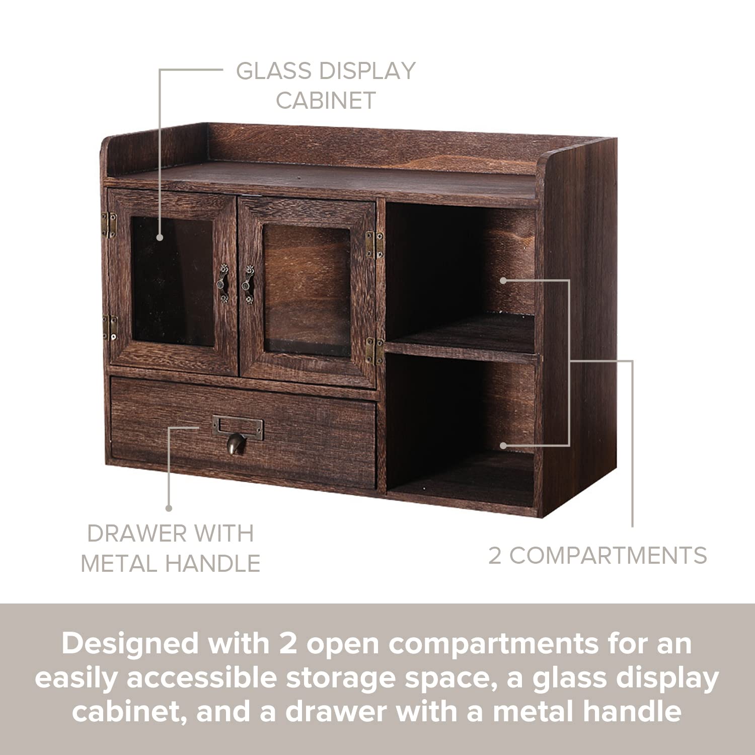 Wooden Box Kitchen Drawer Organizer for Coffee Station or Kitchen Counter - Console Table Caddy w Glass Door Cabinet & Drawer - Wood Countertop Organization and Storage for Tea & Coffee Accessories - Coffee Pod Holder - Utensil Holder