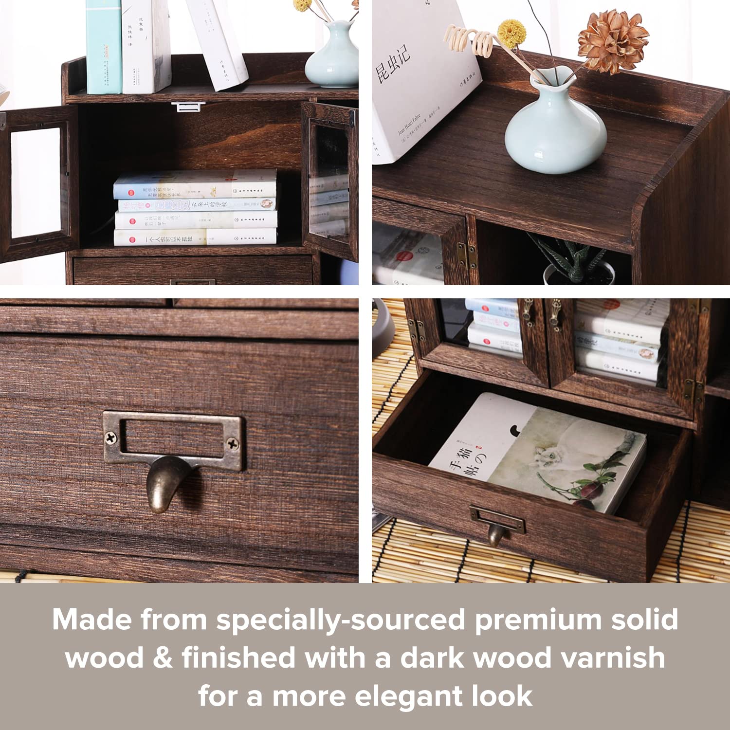 Wooden Box Kitchen Drawer Organizer for Coffee Station or Kitchen Counter - Console Table Caddy w Glass Door Cabinet & Drawer - Wood Countertop Organization and Storage for Tea & Coffee Accessories - Coffee Pod Holder - Utensil Holder