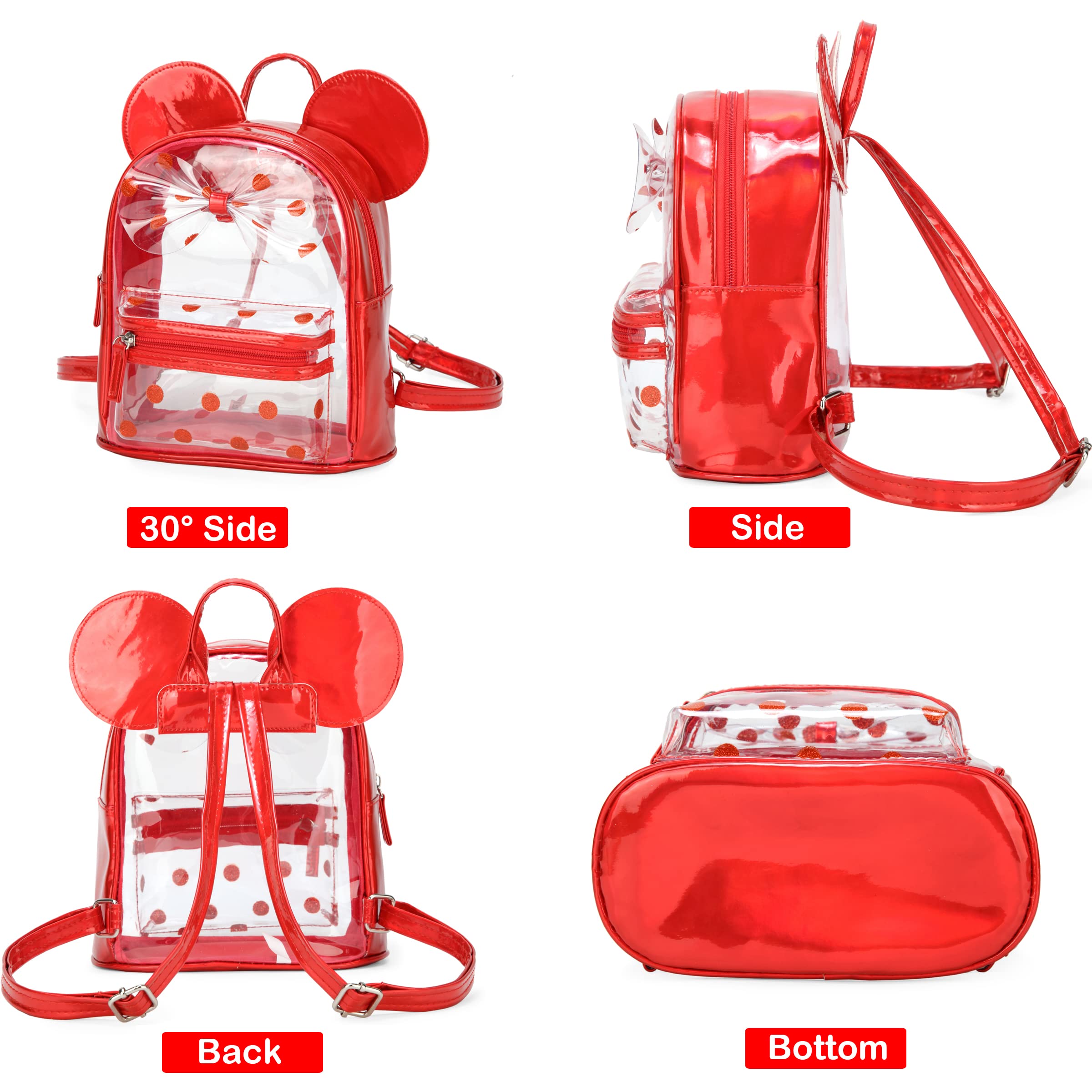 Little Girls Mini Clear Backpack Cute Ears with Glitter Polka Dots Bow Transparent Daypack See-thru Backpack (Pink)