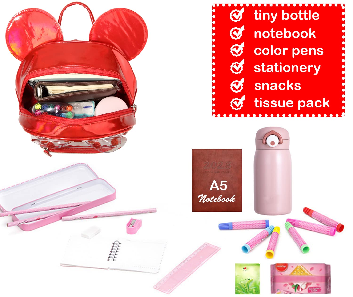 Little Girls Mini Clear Backpack Cute Ears with Glitter Polka Dots Bow Transparent Daypack See-thru Backpack (Pink)