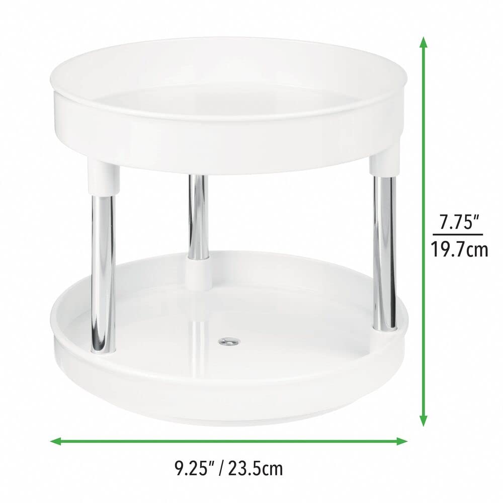 mDesign 2 Tier Lazy Susan Turntable Food Storage Container for Cabinets, Pantry, Fridge, Countertops - Raised Edge, Spinning Organizer for Spices, Condiments - 9" Round - White/Chrome
