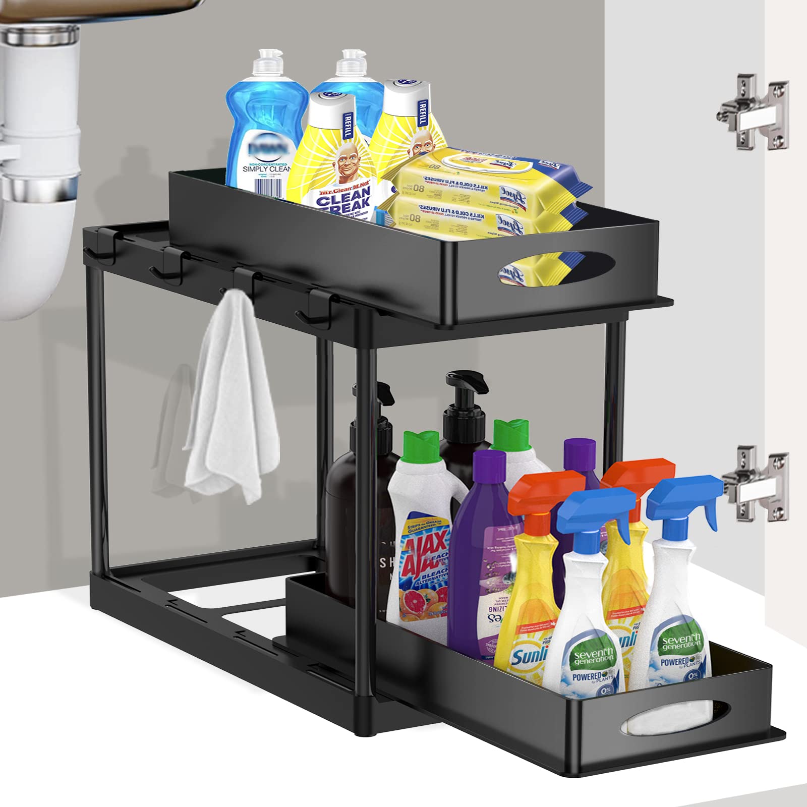 Under Sink Organizer with Dual Sliding Drawers, 2 Tier Under Kitchen Sink Organizers and Storage with 4 Hooks, Slide Out Under-Sink Storage for Bathroom Organizer, Kitchen Organization (Black)