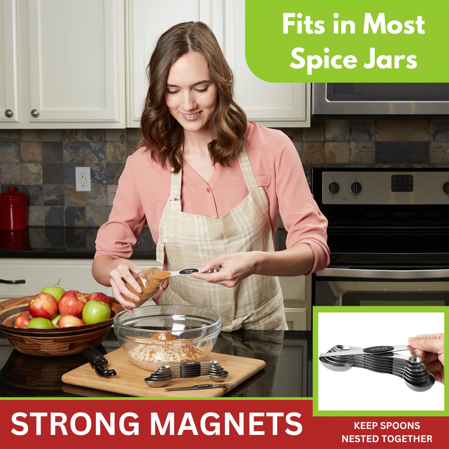 Spring Chef Magnetic Measuring Spoons Set, Dual Sided, Stainless Steel, Fits in Spice Jars, Black, Set of 8