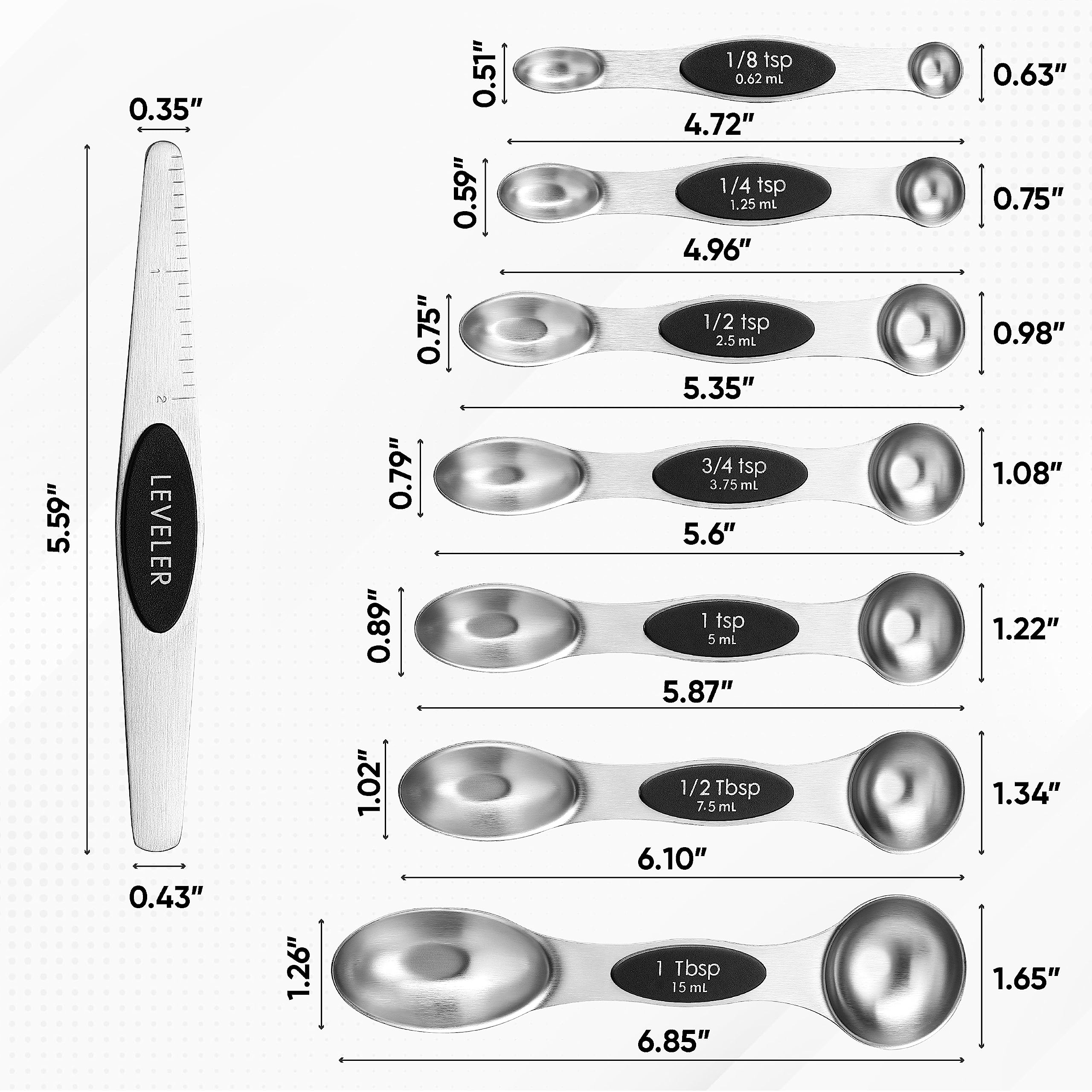Spring Chef Magnetic Measuring Spoons Set, Dual Sided, Stainless Steel, Fits in Spice Jars, Black, Set of 8