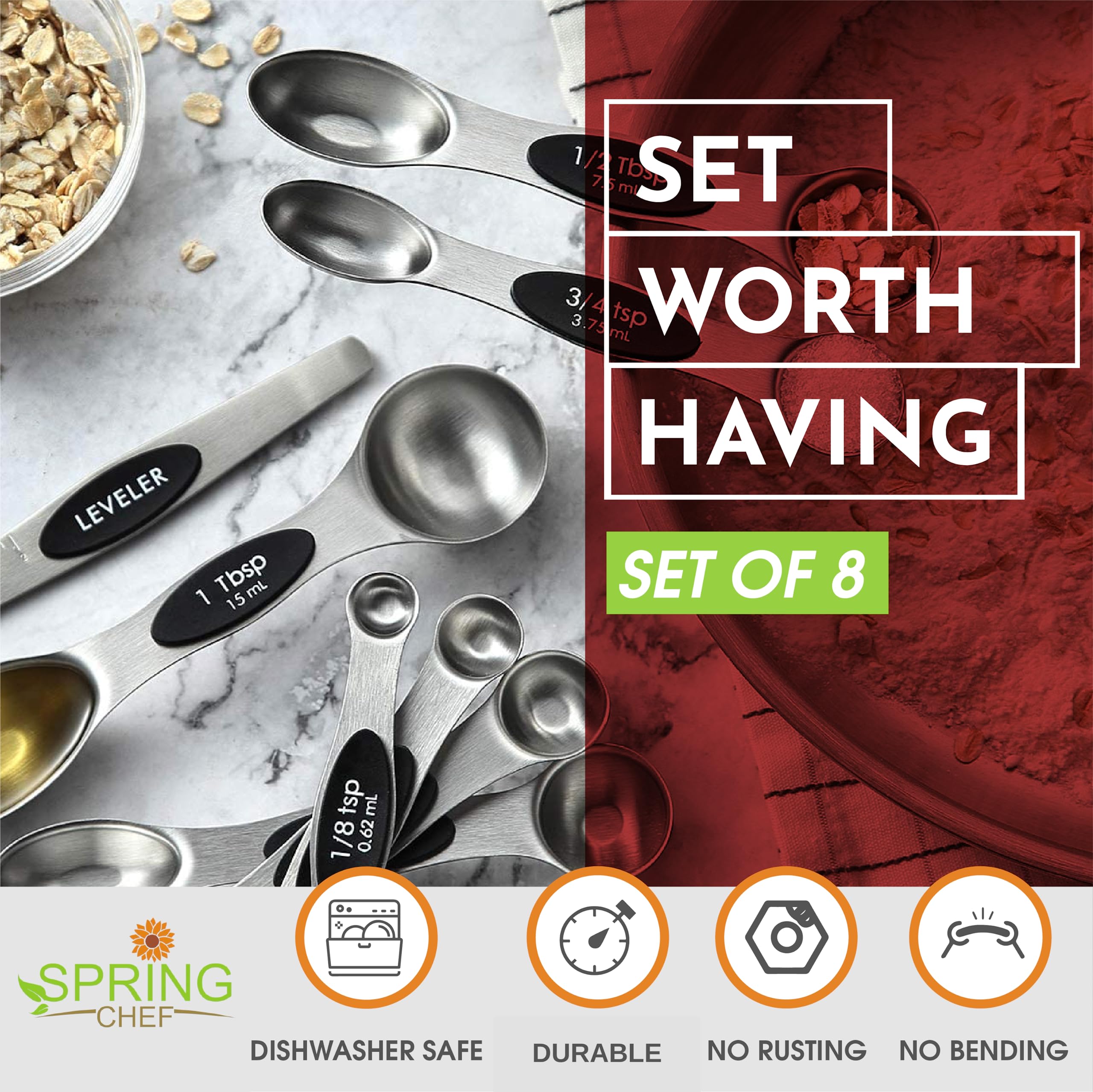 Spring Chef Magnetic Measuring Spoons Set, Dual Sided, Stainless Steel, Fits in Spice Jars, Black, Set of 8