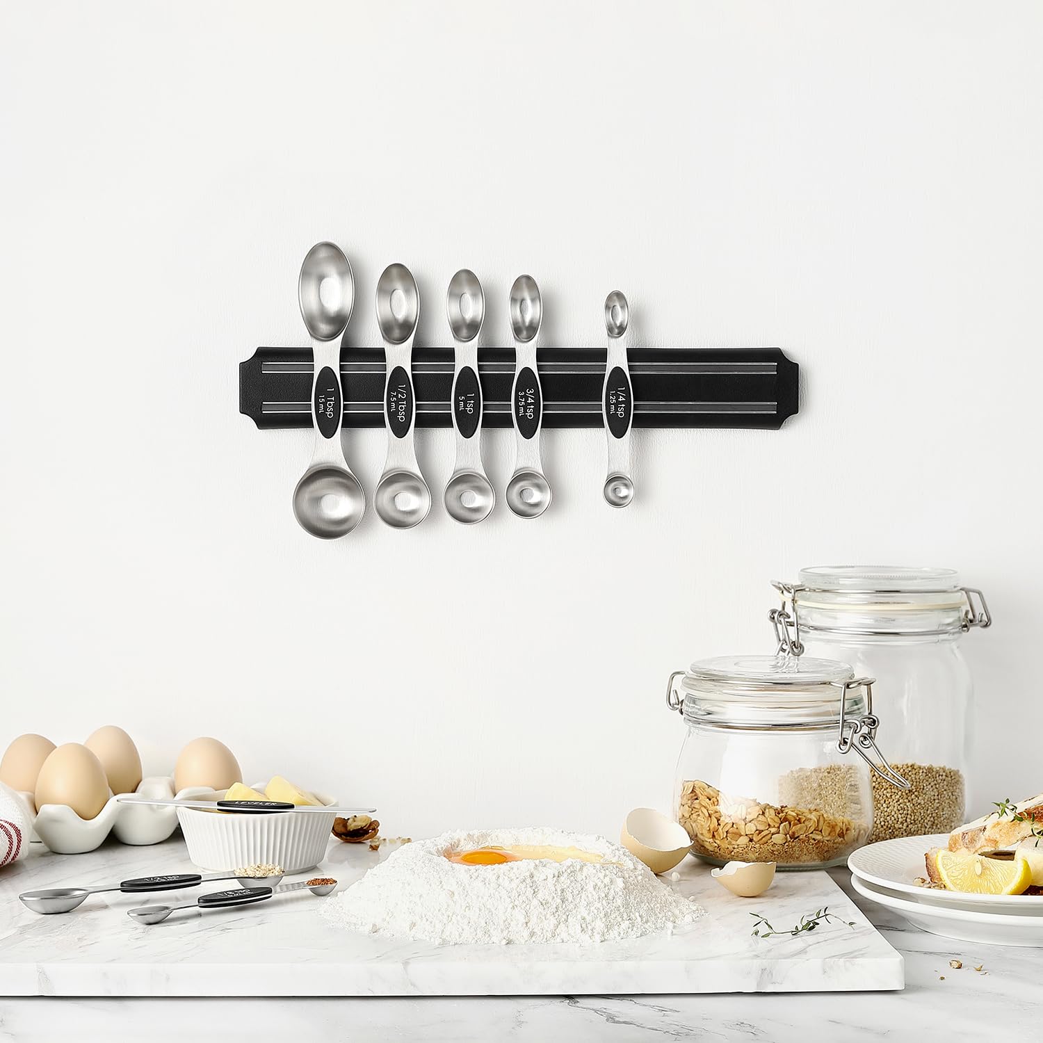 Spring Chef Magnetic Measuring Spoons Set, Dual Sided, Stainless Steel, Fits in Spice Jars, Black, Set of 8