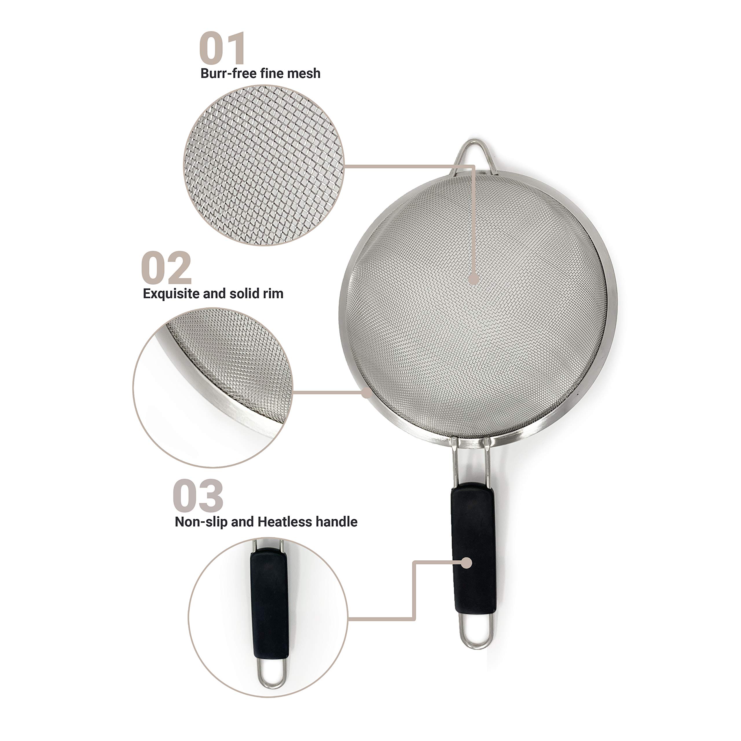Makerstep Set of 3 Stainless Steel Fine Mesh Strainers Graduated Sizes 3.38", 5.5", 7.87" Strainer Wire Sieve Sifter with Insulated Handle for Kitchen Gadgets Tools - New Home Kitchen Essentials