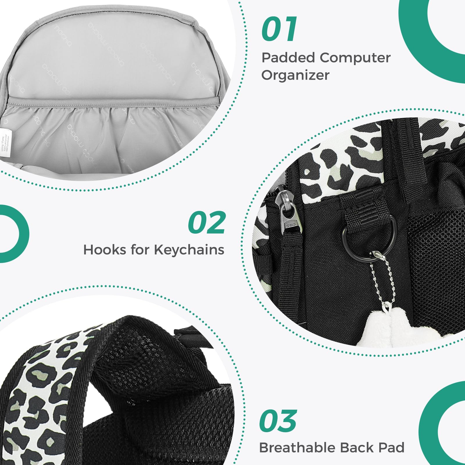 Choco Mocha Snow Leopard Backpack for Teen Girls, Travel School Backpack for Girls High Middle School 18 Inch Large Bookbag, Black