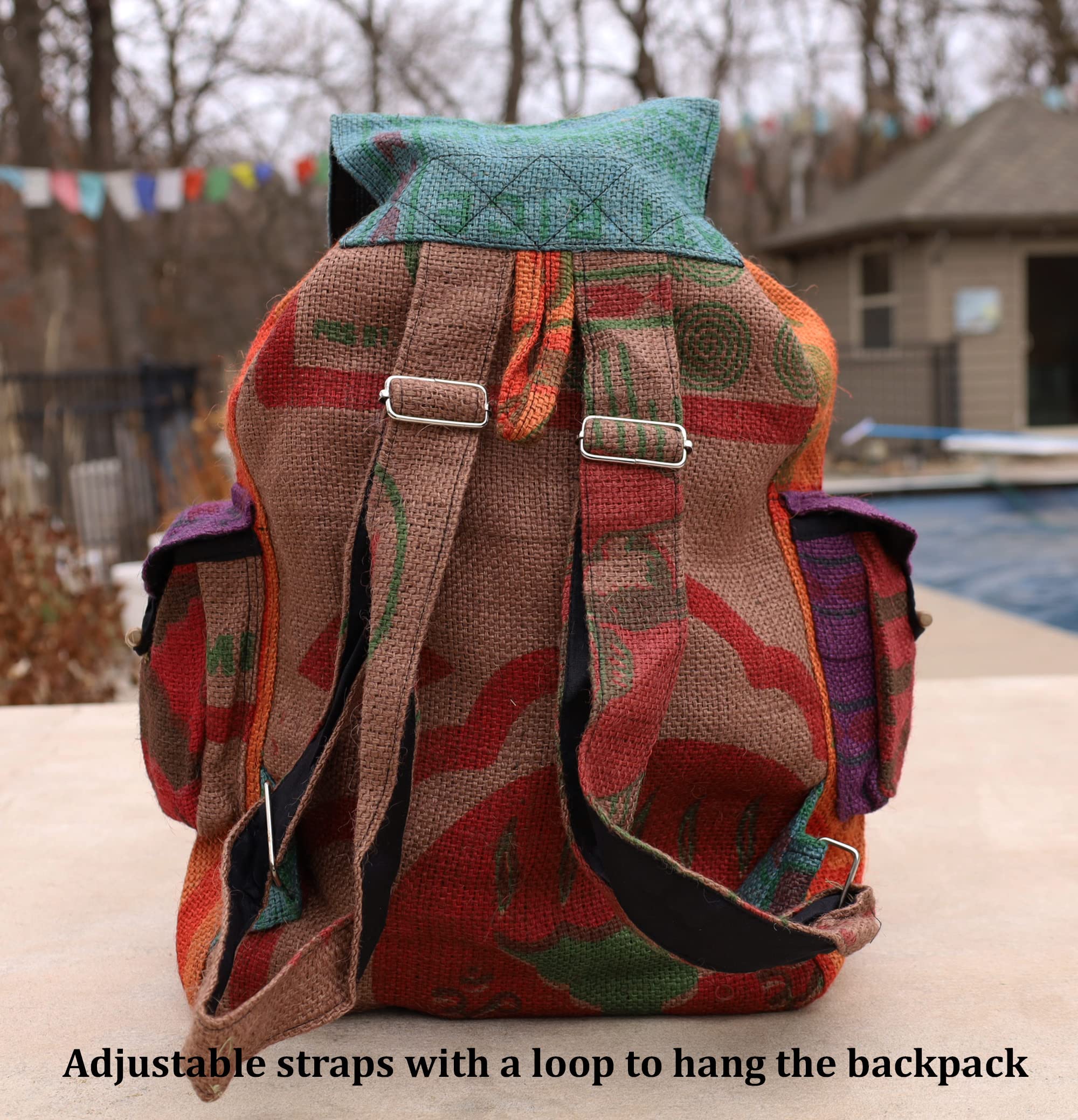 DharmaObjects Lungta Recycled Jute Rice Bag Backpack Hand Made Nepal Multi Color