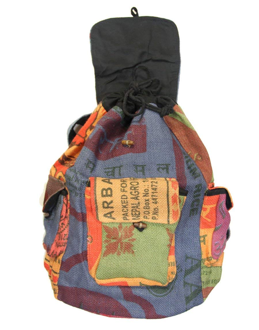 DharmaObjects Lungta Recycled Jute Rice Bag Backpack Hand Made Nepal Multi Color