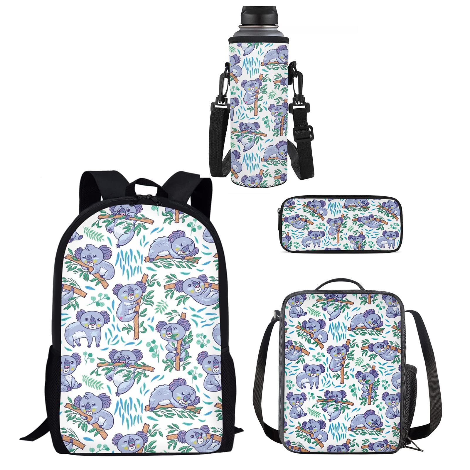 INSTANTARTS Set of 4 School Supplies Purple Koala Print Shoulder Bookbags Casual Daypack with Picnic Bag Coin Pouch Tea Bottle Sleeve with Strap Adjustable