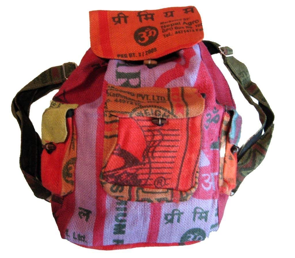 DharmaObjects Lungta Recycled Jute Rice Bag Backpack Hand Made Nepal Multi Color