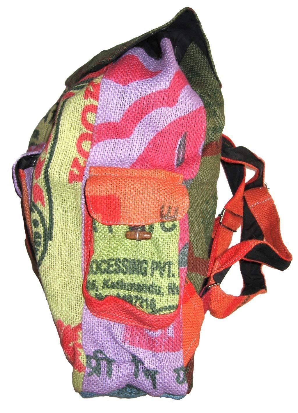 DharmaObjects Lungta Recycled Jute Rice Bag Backpack Hand Made Nepal Multi Color