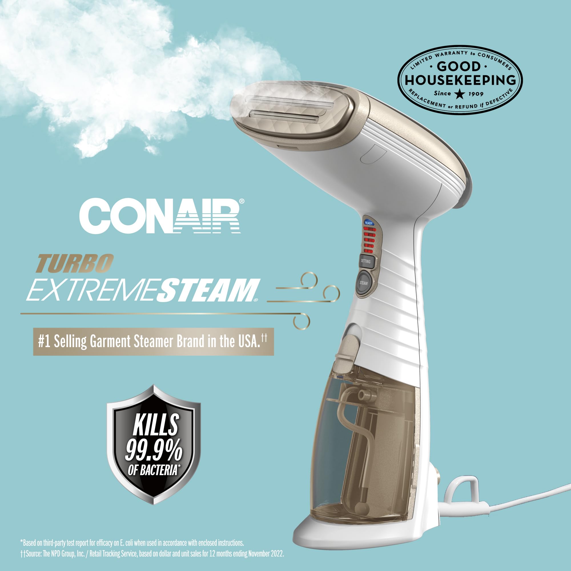 Conair Handheld Garment Steamer for Clothes, Turbo ExtremeSteam 1875W, Portable Handheld Design, Strong Penetrating Steam