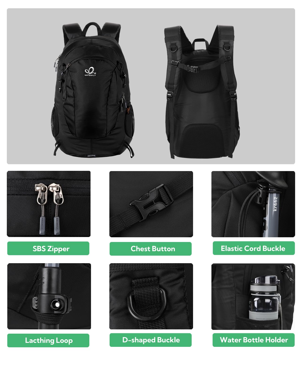 WATERFLY Lightweight Day Hiking Backpack: Travel Waterproof Daypack Trekking Bagpack Hike Day Bag for Camping Climbing Man Woman