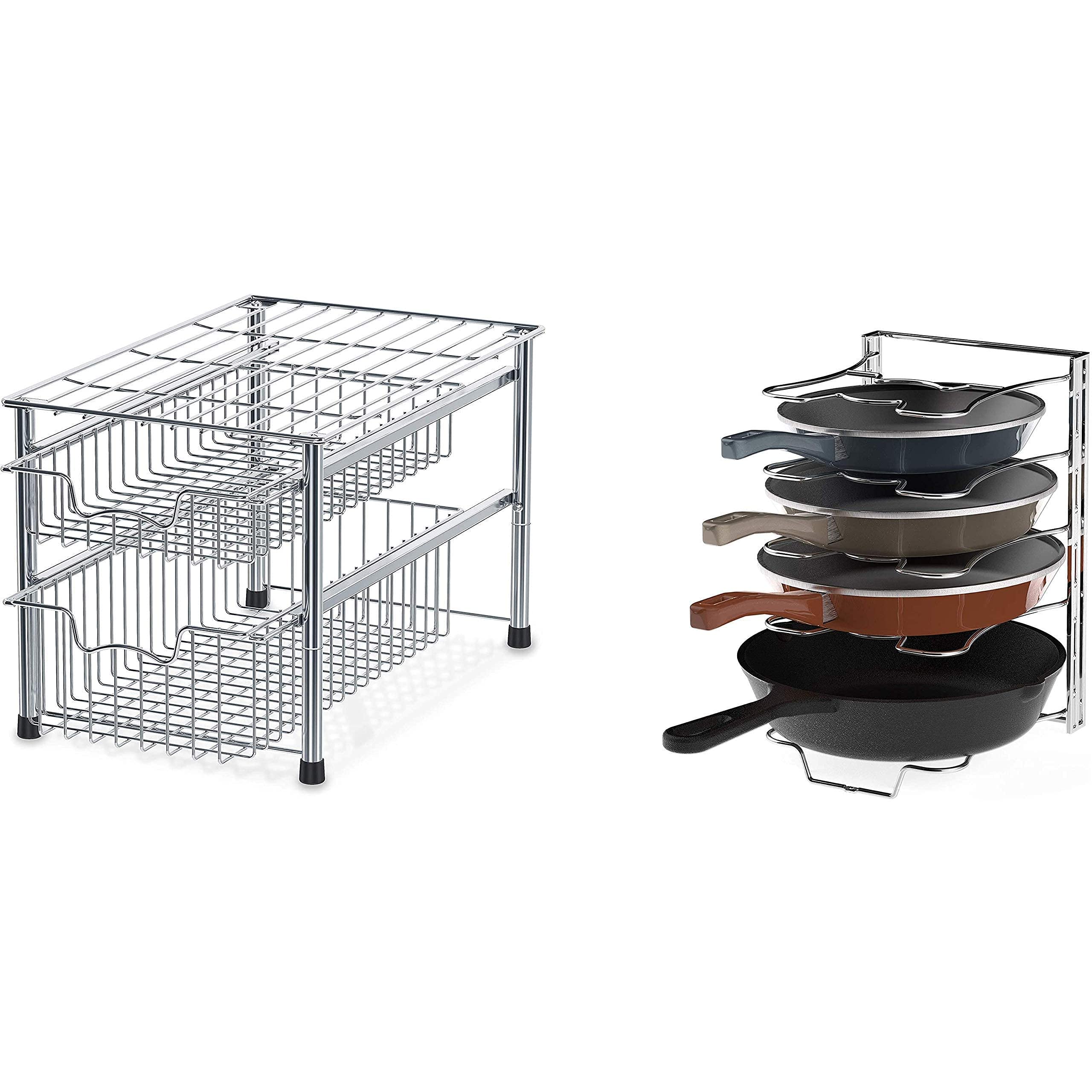 SimpleHouseware Stackable 2 Tier Sliding Basket Organizer Drawer + 5 Adjustable Compartments Pan and Pot Lid Organizer Rack, Chrome